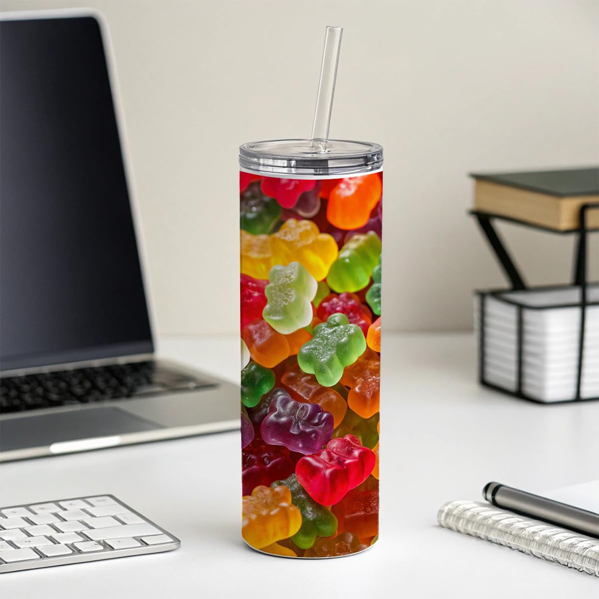 Lots of Gummi Bears Skinny Tumbler 20oz with Straw Insulated Water Bottle Gift