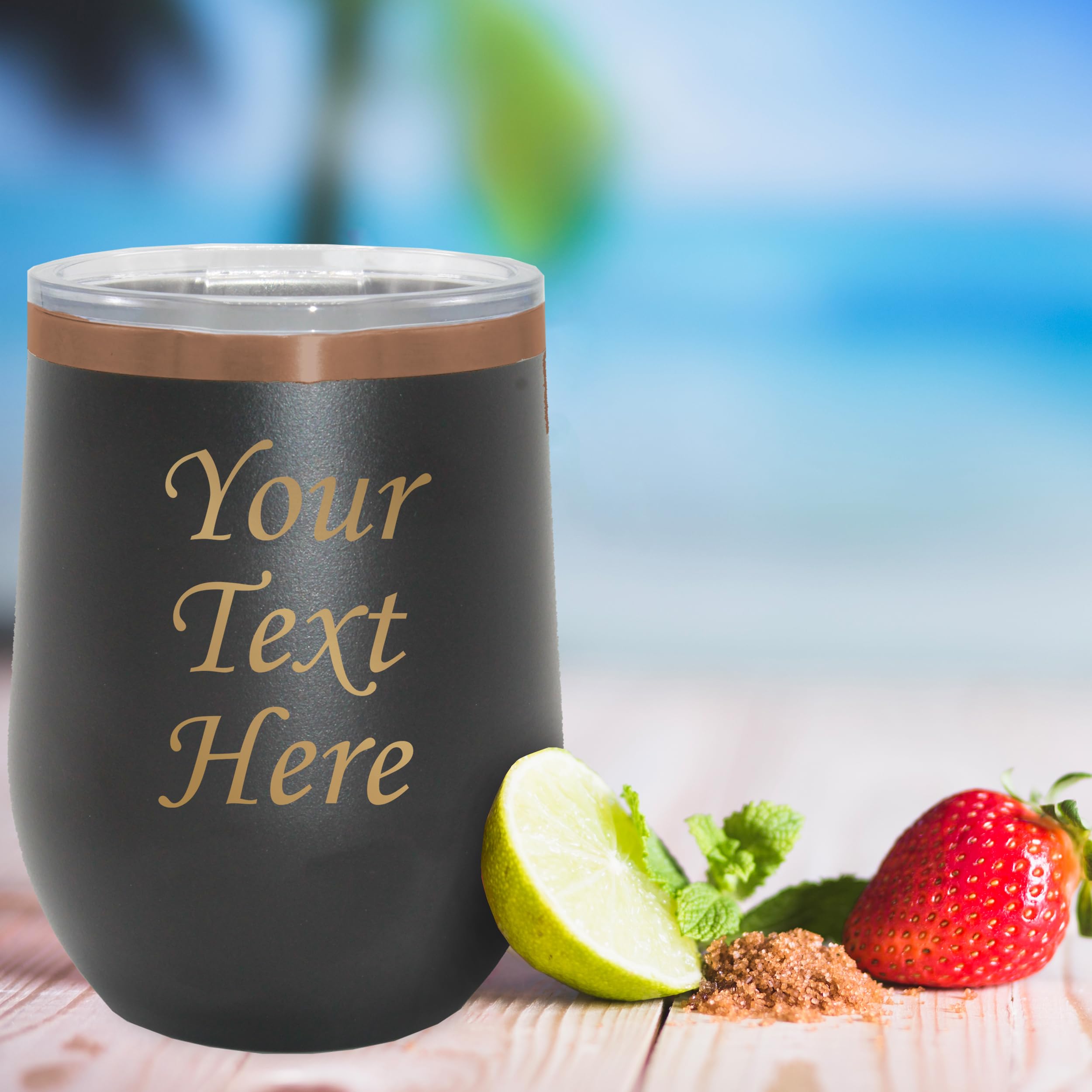 Personalized Insulated Wine Tumbler - Custom Monogrammed Stemless Wine Cup - Your Text Here (Black with Gold)