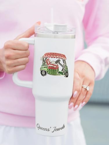 THE QUEENS' JEWELS Golf Cart Jeweled 40 oz. Tumbler - Unique Gift for Women, Birthday, Cute, Fun, Not Painted, Decorated, Bling, Bedazzled, Rhinestone