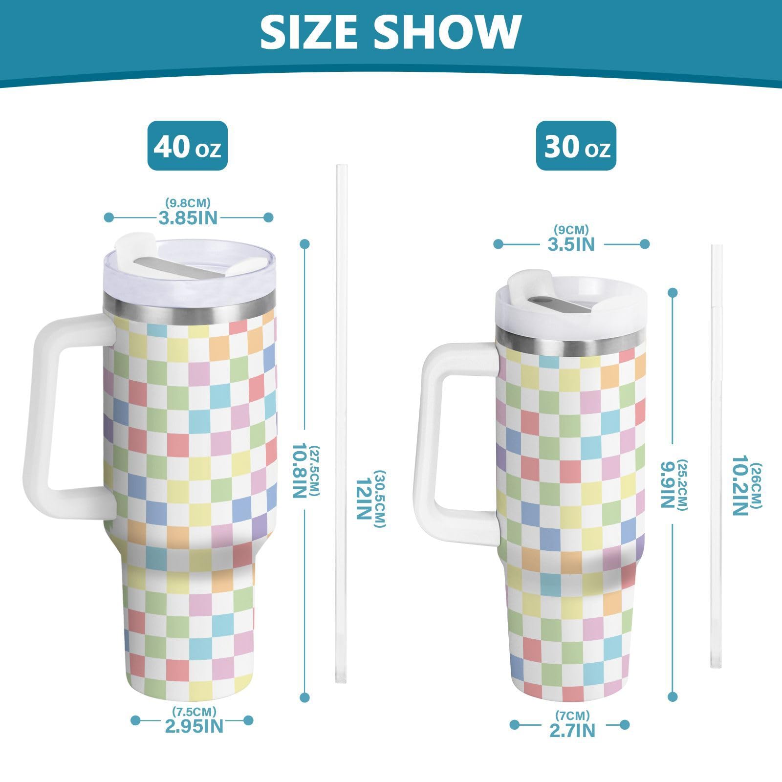 IHCVHQX Tumbler with Handle and Straw 40oz Checkered Rainbow Pattern Insulated Tumbler Cups Stainless Steel Travel Coffee Mug