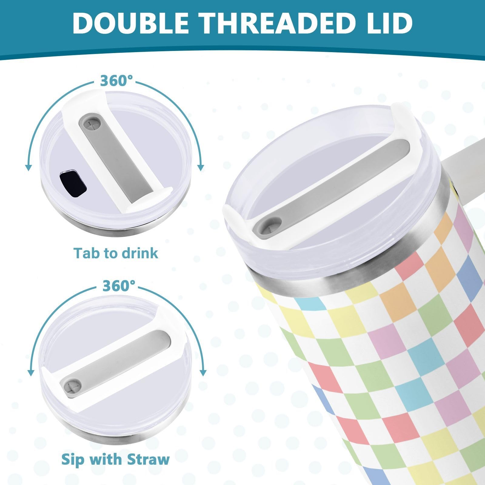 IHCVHQX Tumbler with Handle and Straw 40oz Checkered Rainbow Pattern Insulated Tumbler Cups Stainless Steel Travel Coffee Mug
