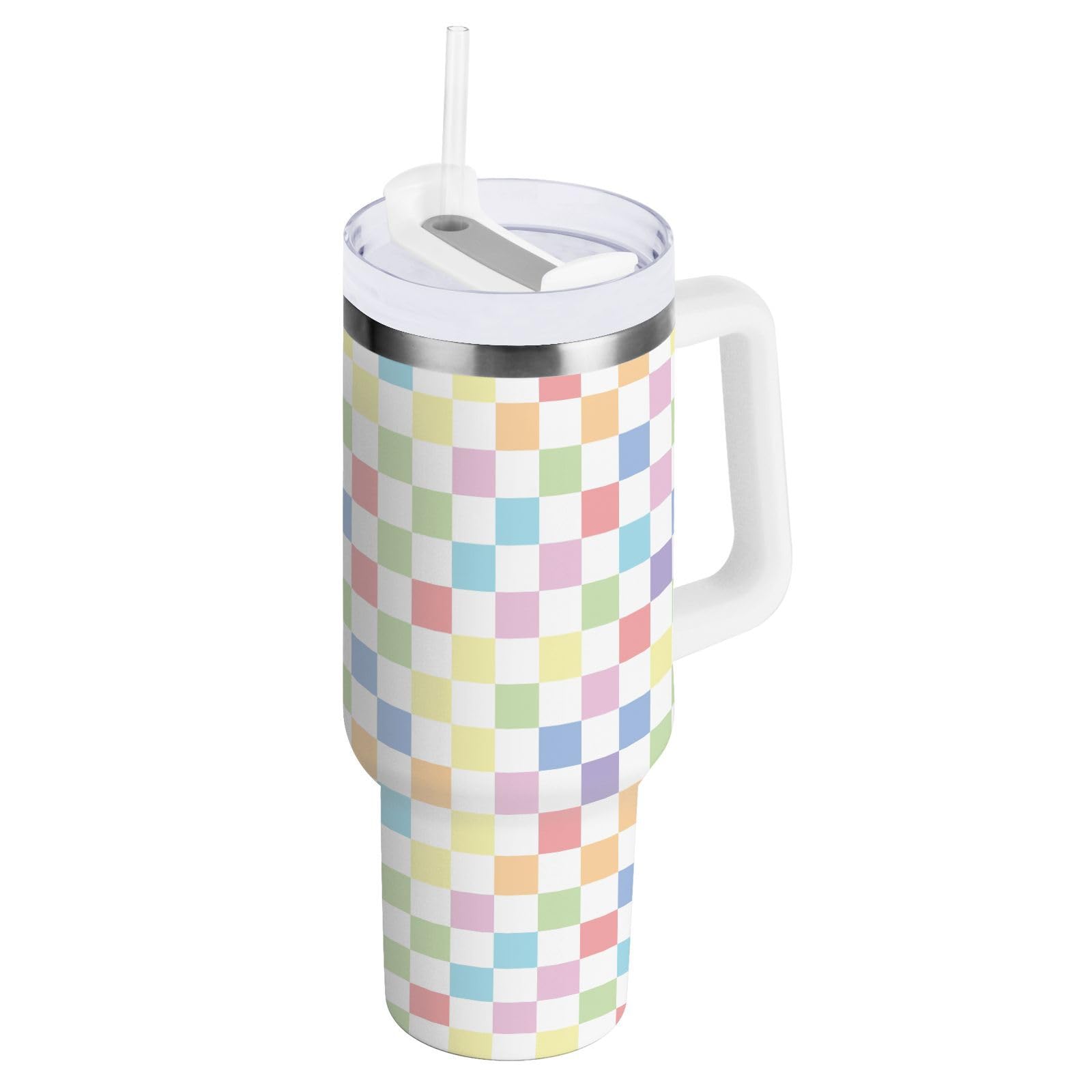 IHCVHQX Tumbler with Handle and Straw 40oz Checkered Rainbow Pattern Insulated Tumbler Cups Stainless Steel Travel Coffee Mug