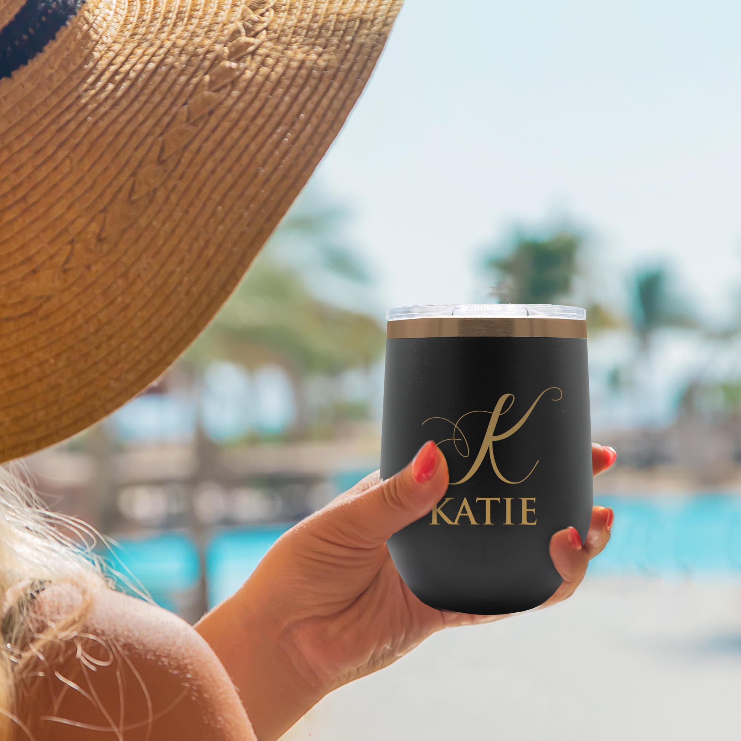 Personalized 12 oz Insulated Stemless Wine Tumbler - Custom Engraved and Monogrammed (Black with Gold)