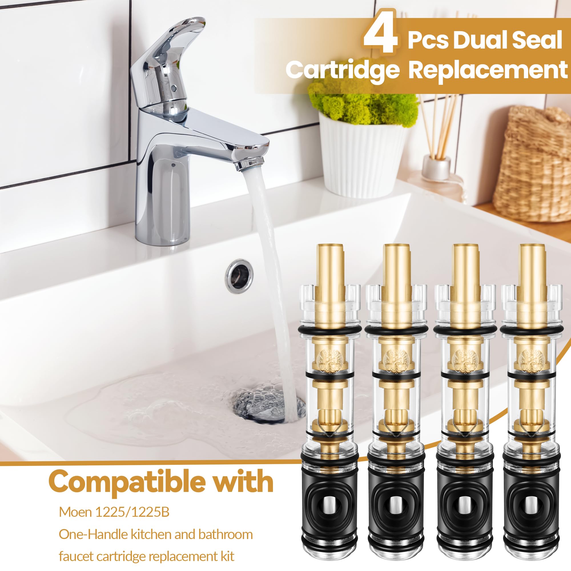 Fluronic 4 Pack 1225 Replacement Cartridge Compatible with Moen Single Handle Faucet/Showers, Dual Seal 1225/1225B Shower Cartridge Replacement Fits Bathroom Shower and Kitchen Sink Faucet Cartridge