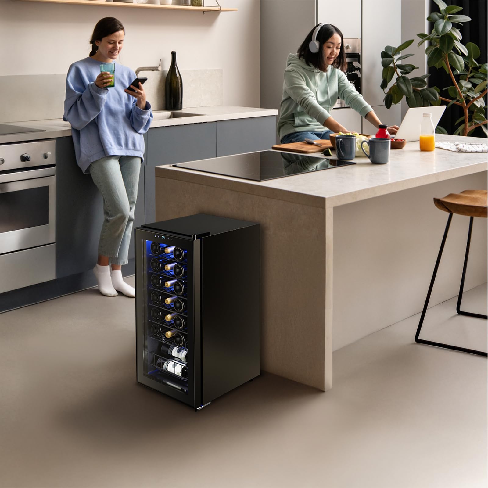 Yeego Wine Fridge, 46 Bottles Wine Cooler Refrigerator, 38-65℉ Freestanding Mini Fridge with Digital Temperature Control & Double-layer Glass Door & Blue Ambient Lights for Home, Kitchen, Office, Dorm