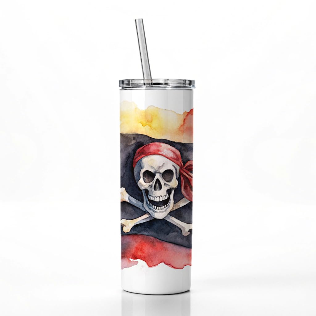Pirate Jolly Roger Skull Crossbones Flag Watercolor Skinny Tumbler 20oz with Straw Insulated Water Bottle Gift