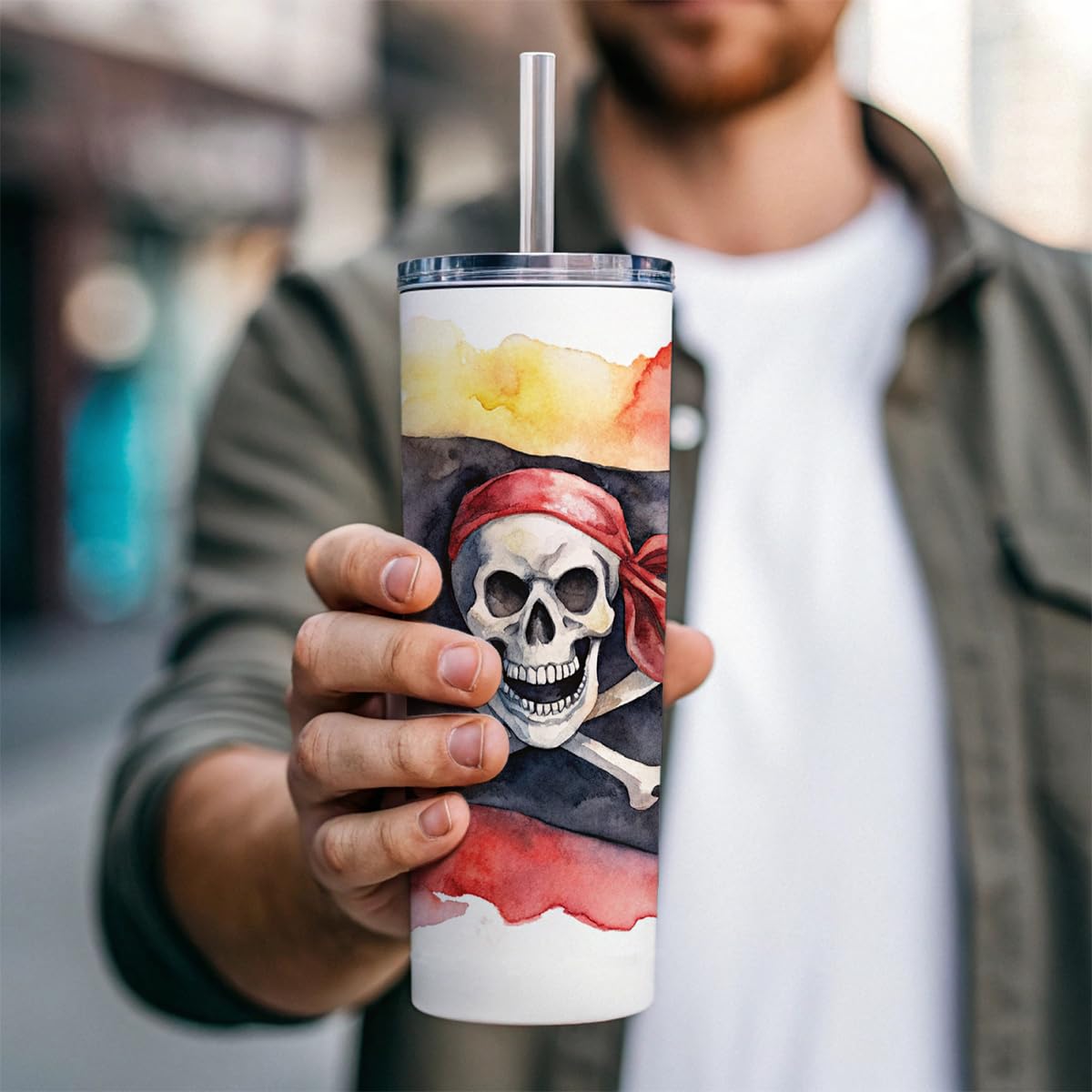 Pirate Jolly Roger Skull Crossbones Flag Watercolor Skinny Tumbler 20oz with Straw Insulated Water Bottle Gift