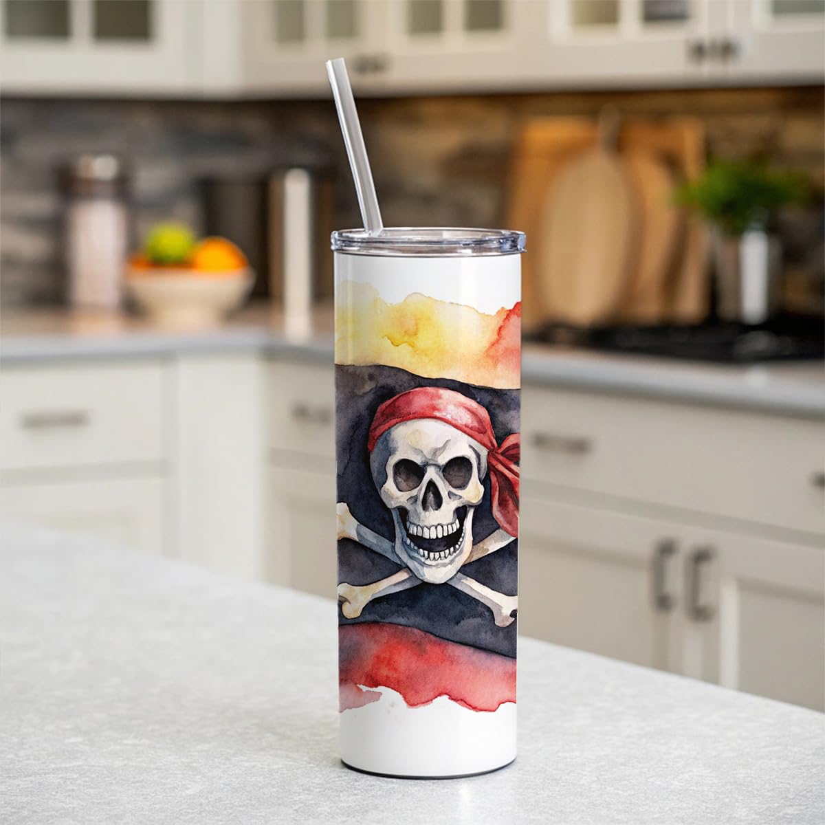 Pirate Jolly Roger Skull Crossbones Flag Watercolor Skinny Tumbler 20oz with Straw Insulated Water Bottle Gift