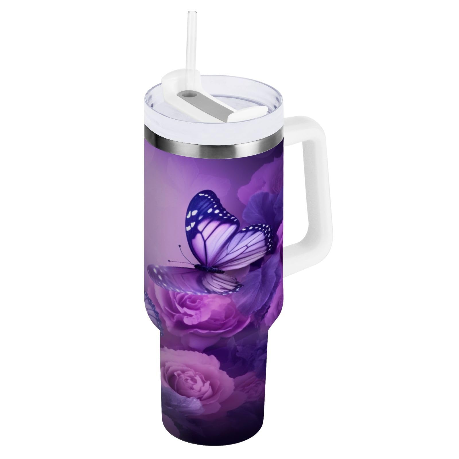 Maunzc 30 oz Tumbler with Handle and Straw, Insulated Stainless Steel Travel Mug with Lid for Coffee, Iced Tea, Water, Gift for Men Women (Purple Butterfly)