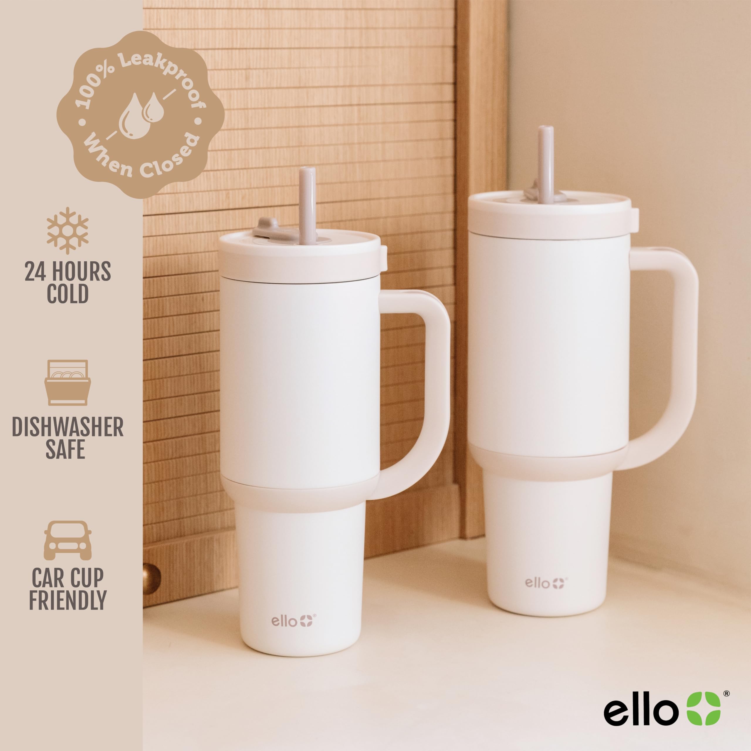 Ello Oasis 30 oz Tumbler with Handle & Retracting Straw | Reusable Insulated Stainless Steel Cup 100% Leakproof, Gifts for Teens Women Men | Keeps cold for 20 Hours, Cup Holder Friendly, Cream Tonal