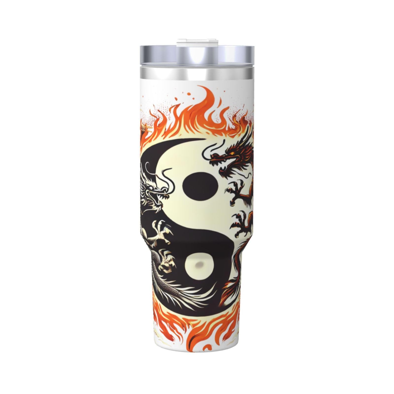 allgobee 40oz Stainless Steel Travel Mug With Handle,Yin Yang Chinese Dragon Insulated Coffee Tumbler With Lid And Straw