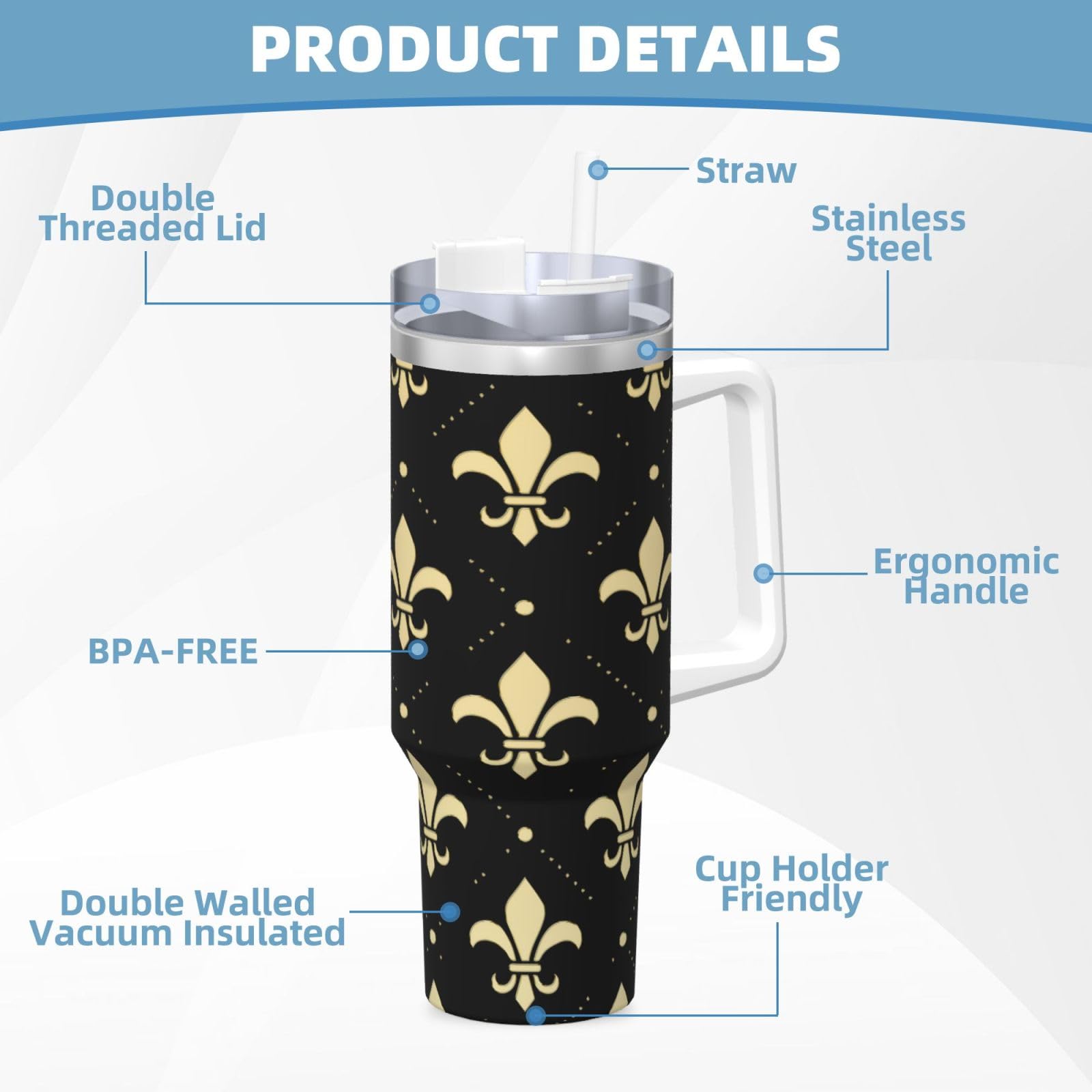 allgobee 40oz Stainless Steel Travel Mug With Handle,Fleur-De-Lis-Gold Insulated Coffee Tumbler With Lid And Straw