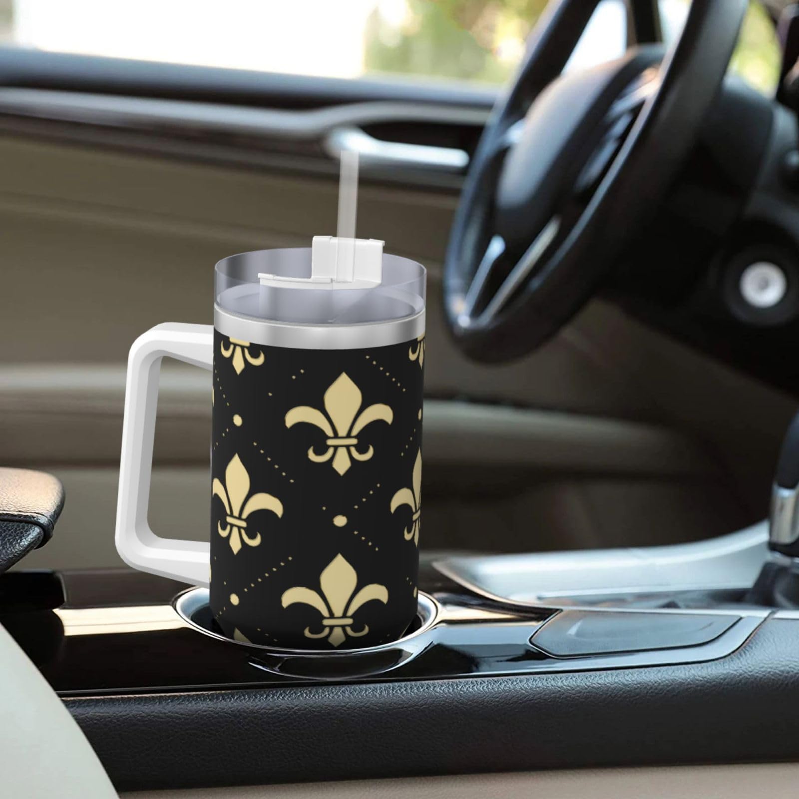 allgobee 40oz Stainless Steel Travel Mug With Handle,Fleur-De-Lis-Gold Insulated Coffee Tumbler With Lid And Straw