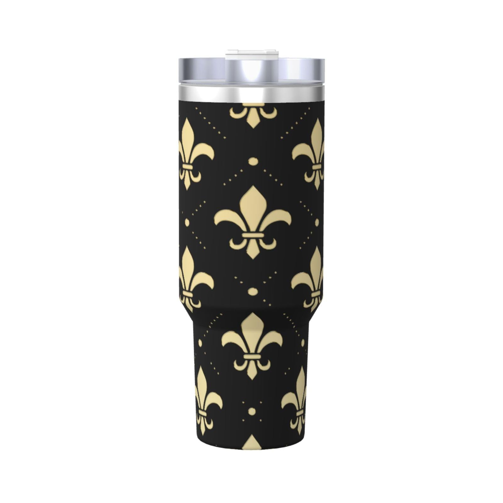 allgobee 40oz Stainless Steel Travel Mug With Handle,Fleur-De-Lis-Gold Insulated Coffee Tumbler With Lid And Straw