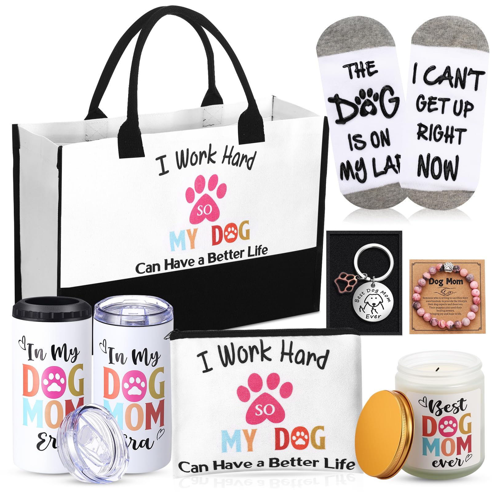 Zopeal Dog Mom Gifts for Women Dog Lover Funny Gifts Include 16 oz Tumbler Makeup Bag Canvas Tote Bag Aromatherapy Candle Socks Bracelet Keychain Gift Card for Mothers Day Birthday Appreciation Gift