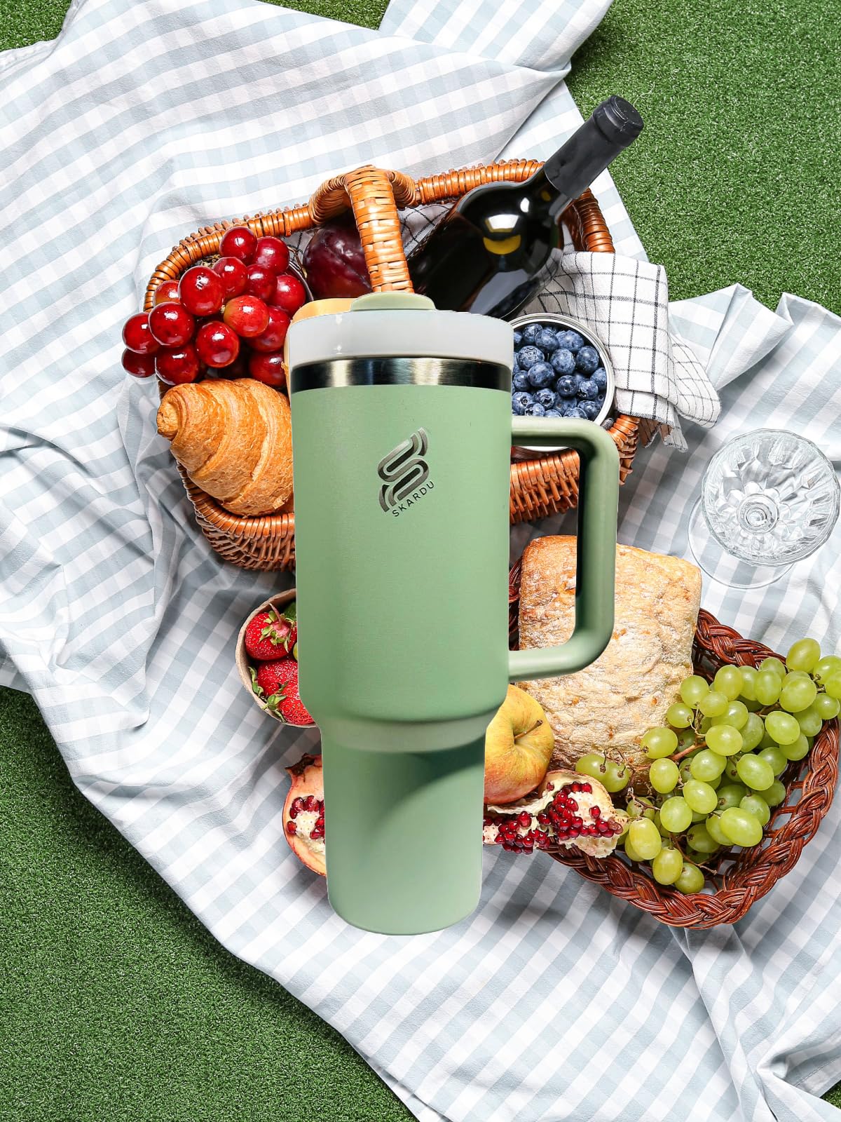 Skardu Insulated 40oz Stainless Steel Tumbler with Handle, Straw, and 2-in-1 Lid, Travel Mug (bayleaf green)