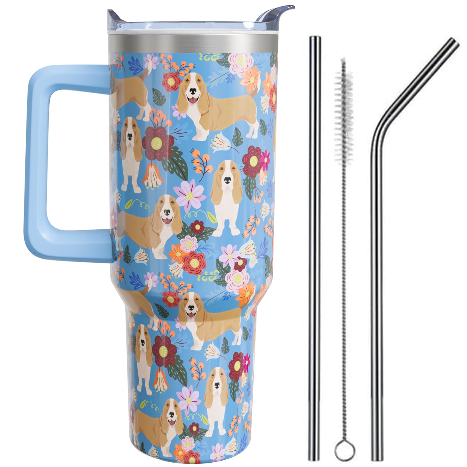 owbgsdh Basset Hound Gifts for Women Dog Lovers 40 oz Floral Basset Hound Tumblers with Handle and Straw, Stainless Steel Vacuum Insulated Travel Coffee Mug Cup Water Bottle