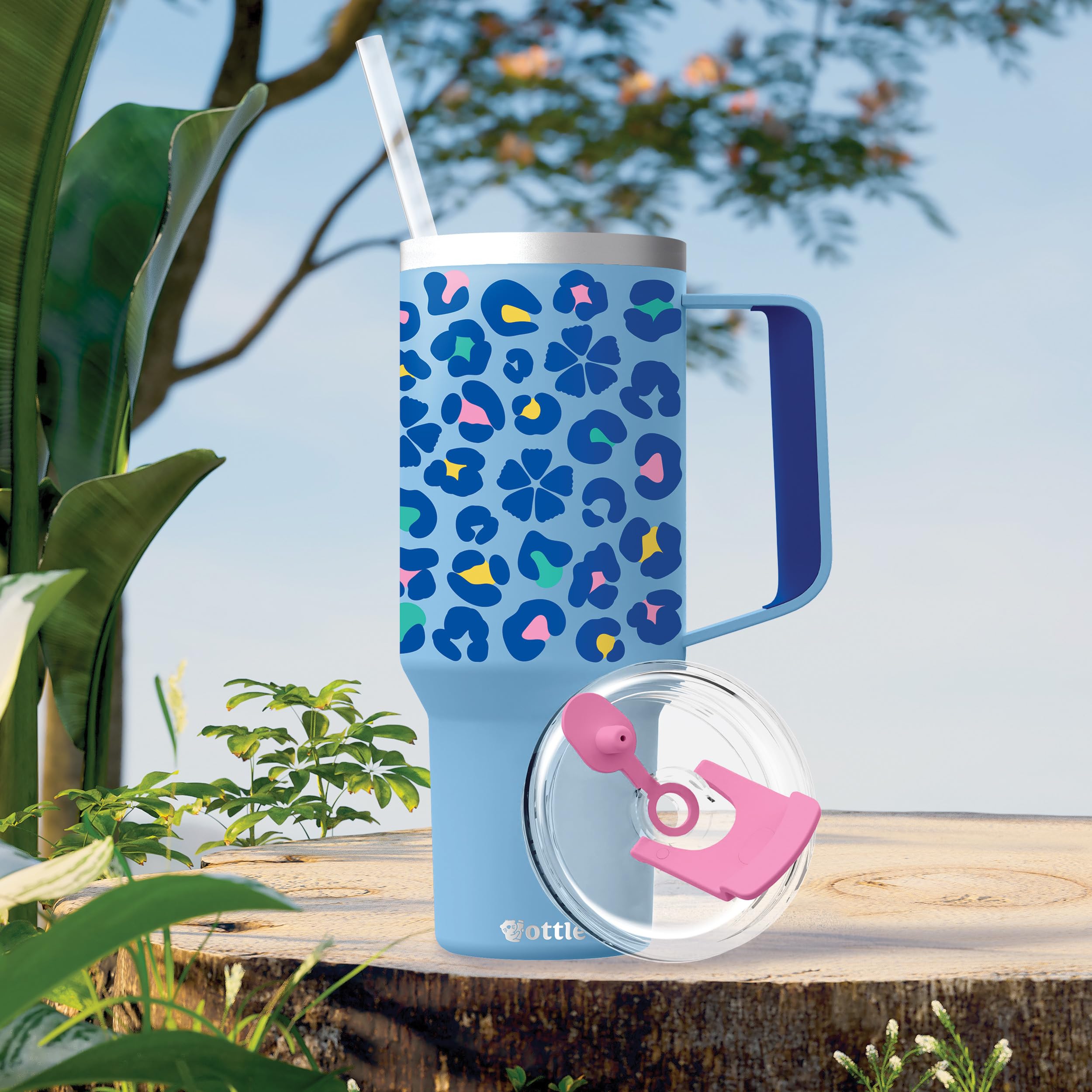 Ottle Deep Sea Diver 40 oz Insulated Tumbler with Handle and Straw Lid - Leak Proof, Cupholder Friendly Travel Mug - Stainless Steel Double Wall Water Bottle for Hot and Cold Drinks - Leopard Bloom