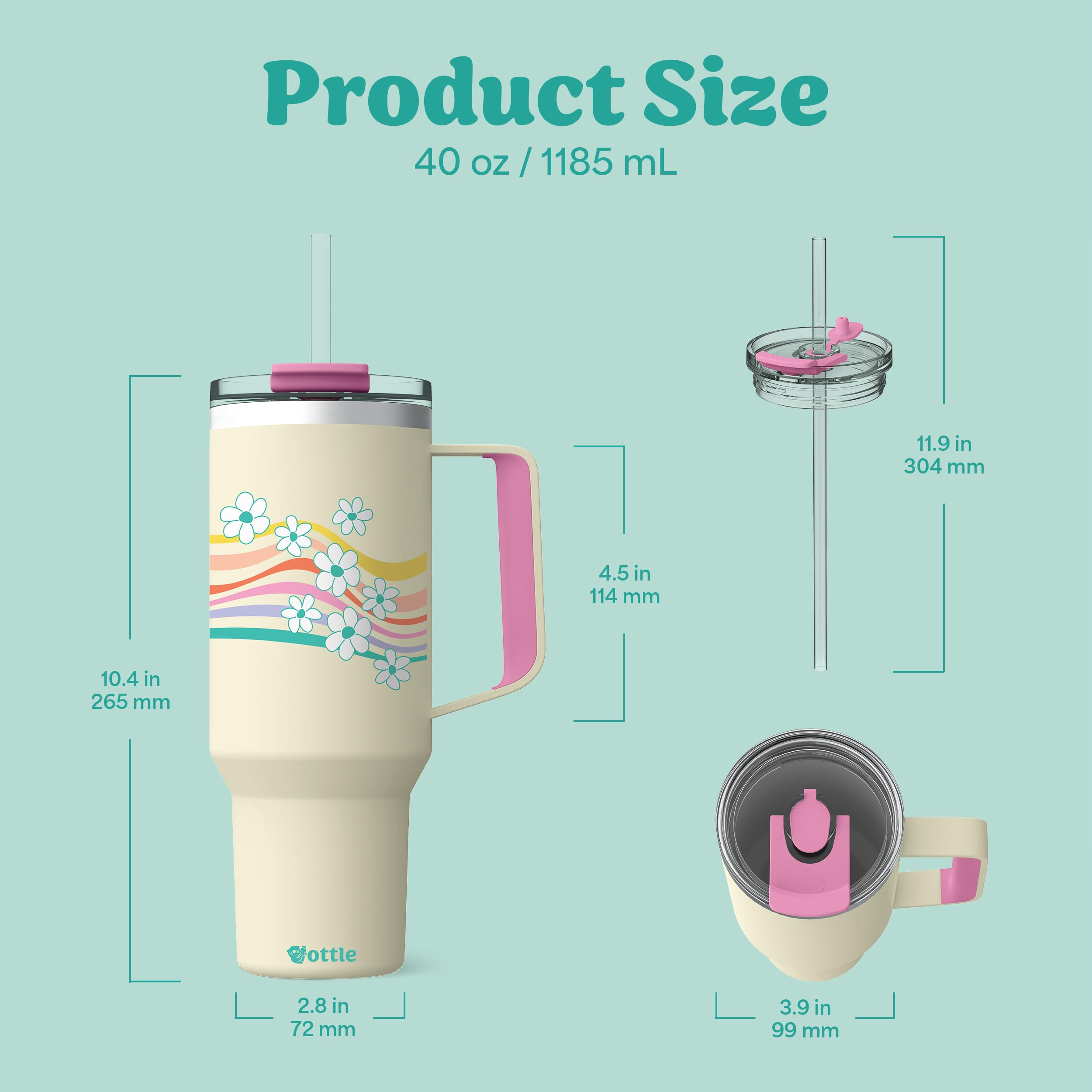 Ottle Deep Sea Diver 40 oz Insulated Tumbler with Handle and Straw Lid - Leak Proof, Cupholder Friendly Travel Mug - Stainless Steel Double Wall Water Bottle for Hot and Cold Drinks - Wavy Daisies