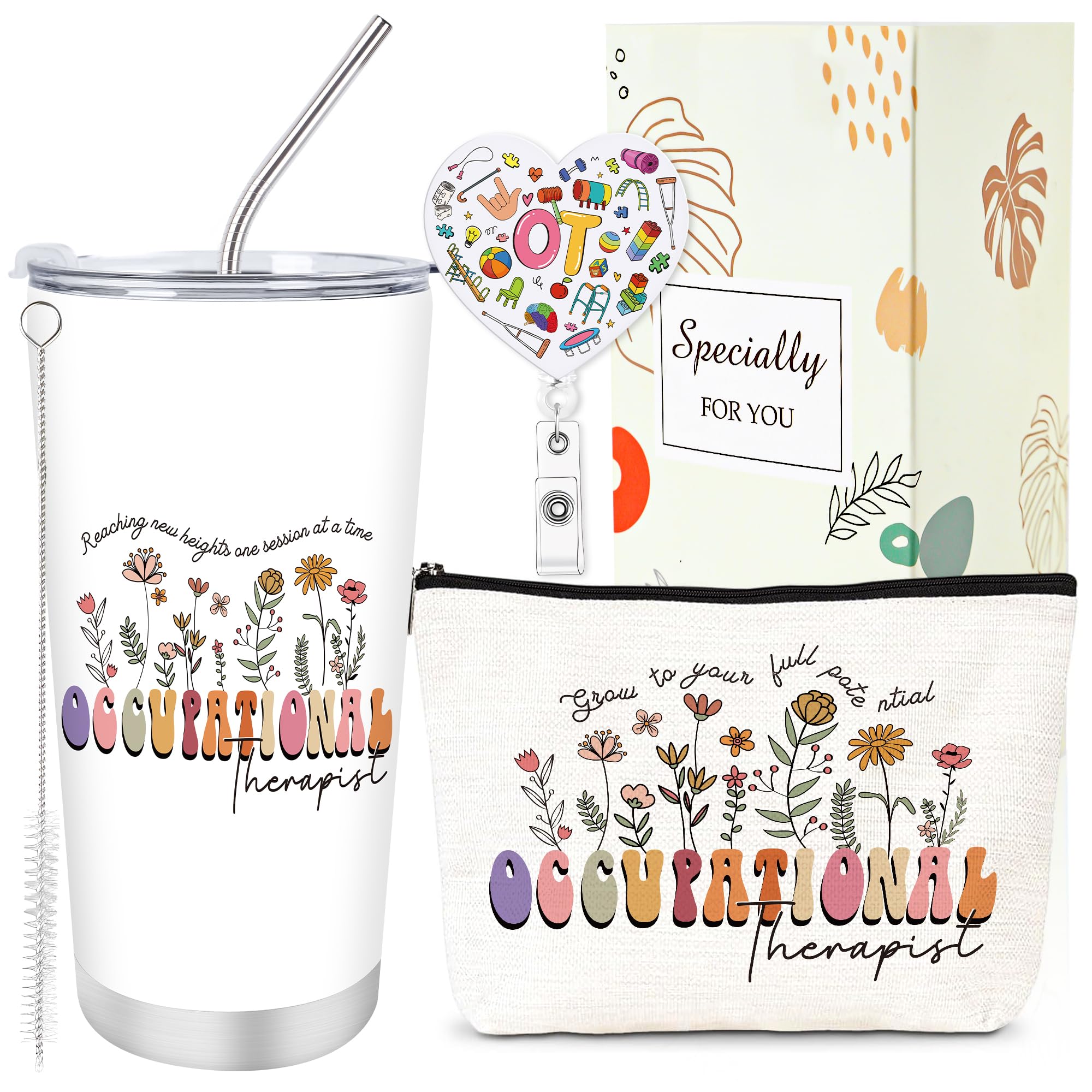 Keluna Occupational Therapy Gifts for Women - 3Pcs Occupational Therapist Gift Set, 20oz Tumbler with Straw, OT Badge Reel Makeup Bag, Speech Therapist Thank You Appreciation Birthday Christimas Gift