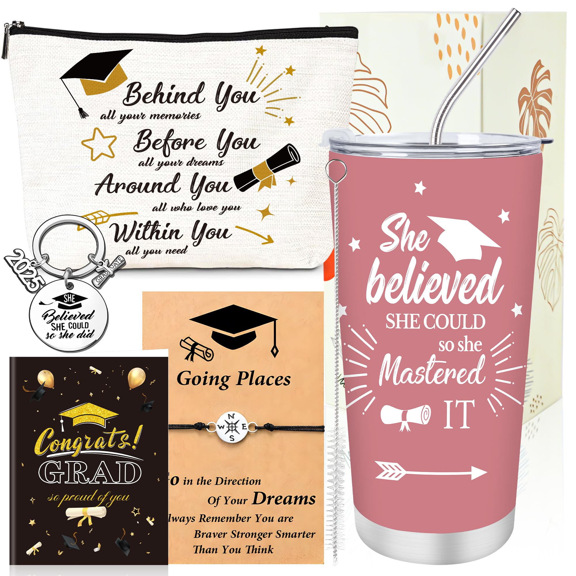 Keluna Graduation Gifts for Her - 5Pcs 2025 Congrats Grad Gifts Set, 20oz Tumbler Keychain Bracelet Makeup Bag Card, High School College Masters Degree PHD Gaduation Gift for Daughter Niece Sisters