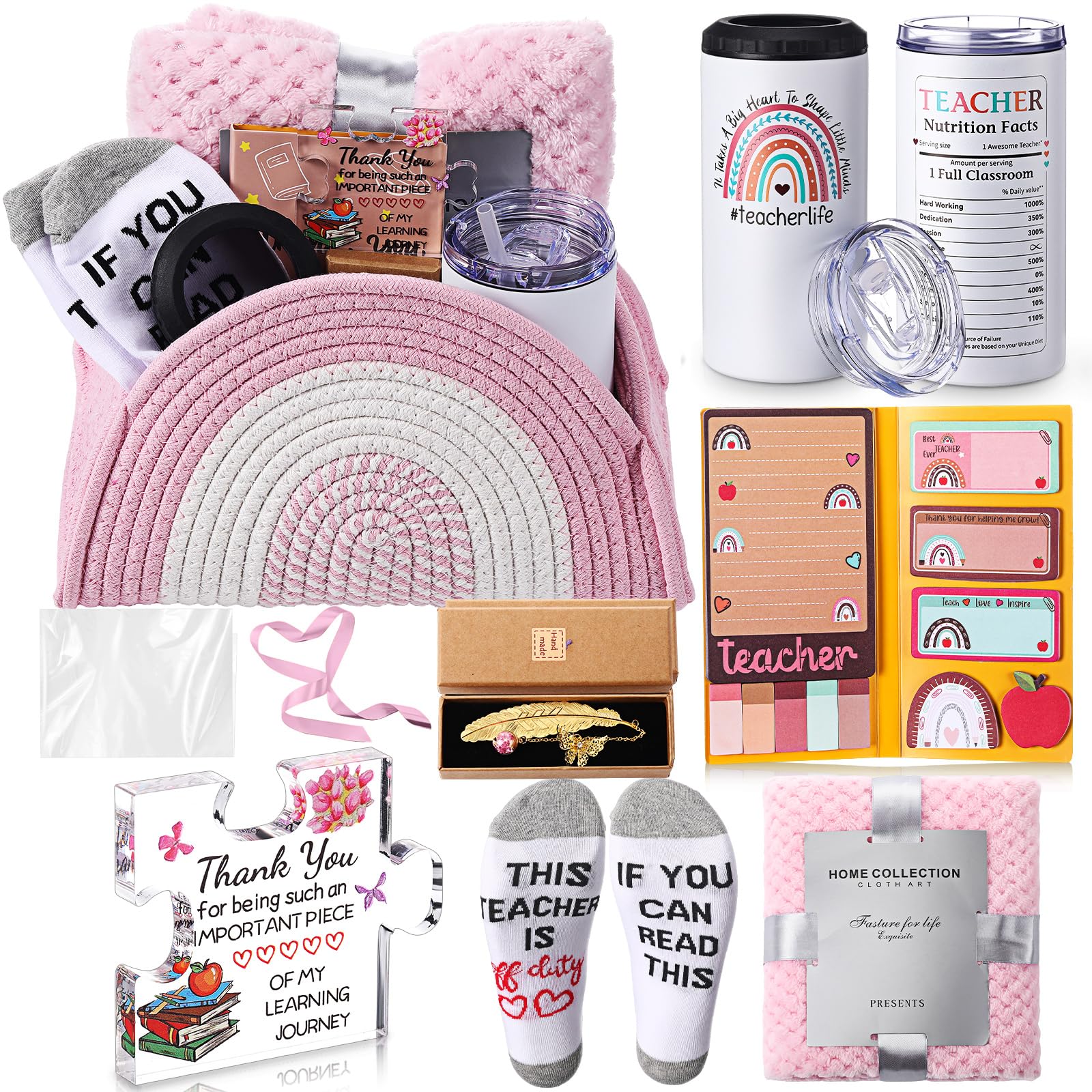Zopeal Teacher Appreciation Gift Set 9 in 1 Teacher Birthday Favor Thank You Woven Basket Tumbler Thank You Gifts for Man Woman Valentines Mothers Day(Pink)