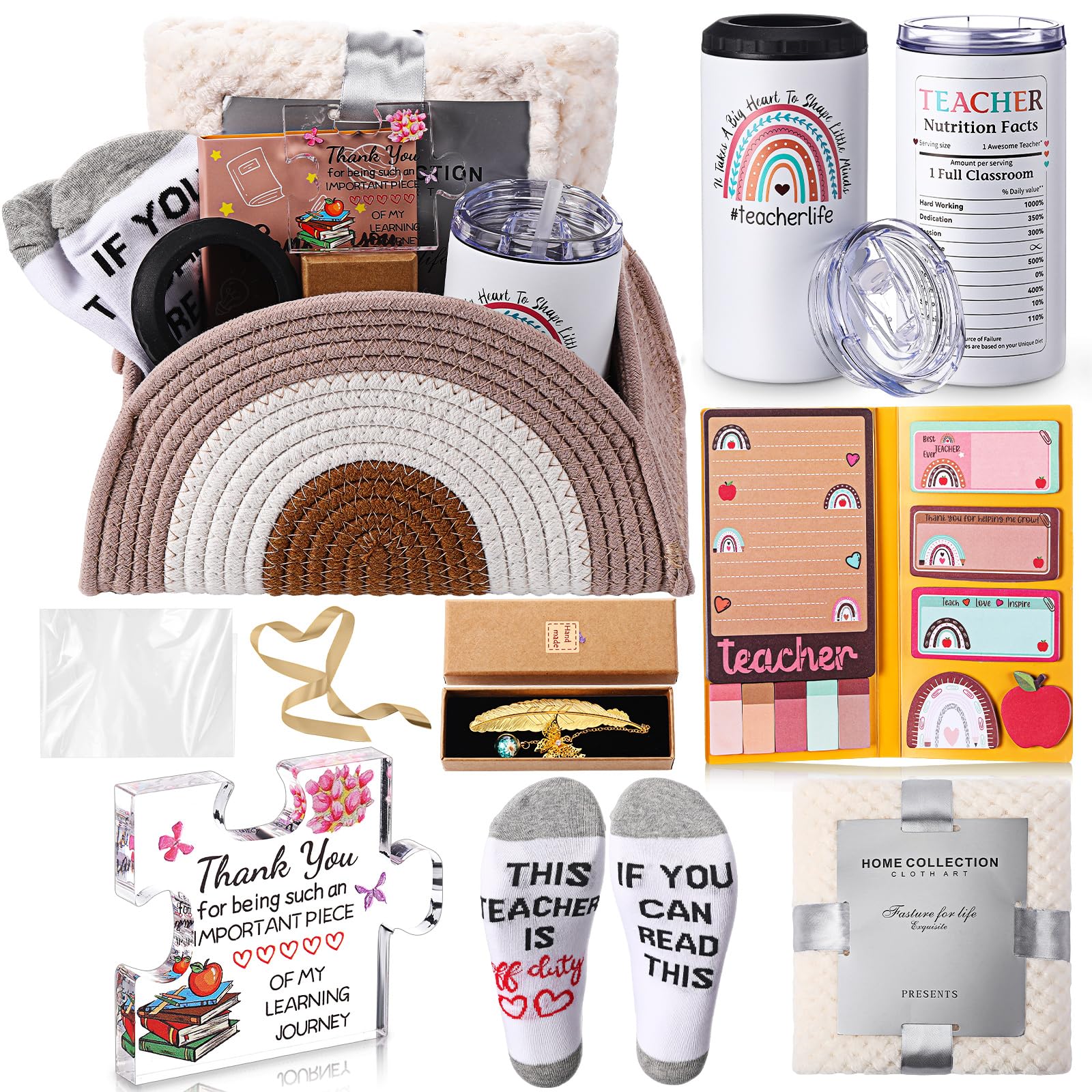 Zopeal Teacher Appreciation Gift Set 9 in 1 Teacher Birthday Favor Thank You Woven Basket Tumbler Thank You Gifts for Man Woman Valentines Mothers Day(White)