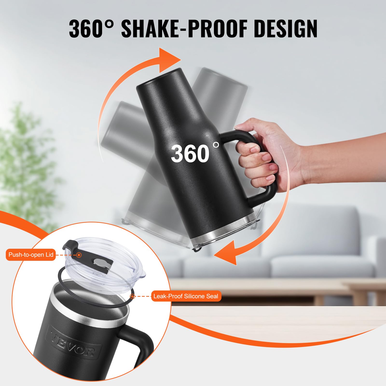 VEVOR 40 oz Insulated Water Bottle, Stainless Steel Sports Coffee Cup with Lid, Handheld Travel Coffee Mug Double Walled, Camping Hydration Flask Leakproof, for Indoor/Outdoor School, Work, Black
