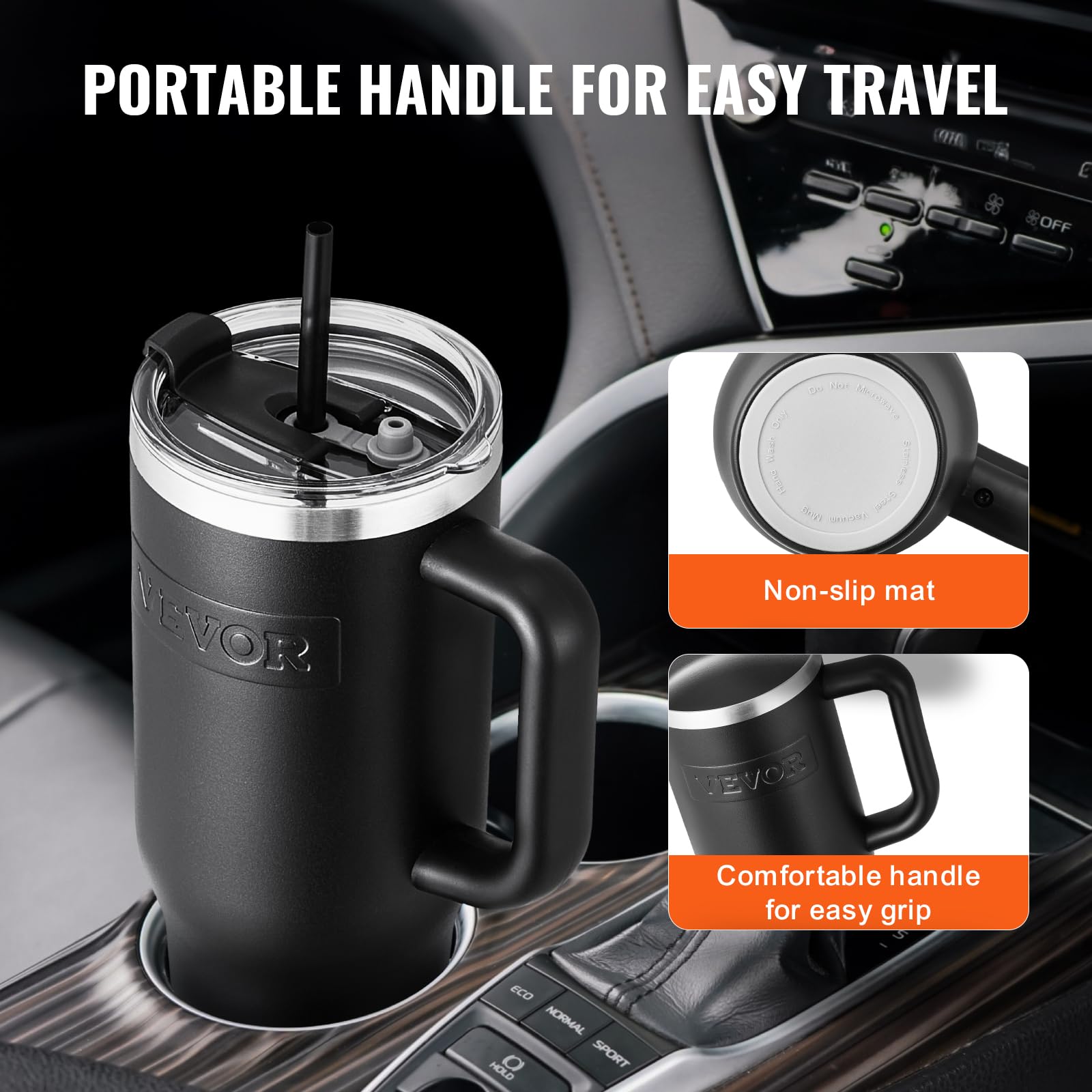 VEVOR 40 oz Insulated Water Bottle, Stainless Steel Sports Coffee Cup with Lid, Handheld Travel Coffee Mug Double Walled, Camping Hydration Flask Leakproof, for Indoor/Outdoor School, Work, Black
