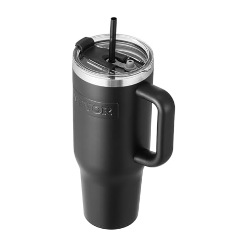 VEVOR 40 oz Insulated Water Bottle, Stainless Steel Sports Coffee Cup with Lid, Handheld Travel Coffee Mug Double Walled, Camping Hydration Flask Leakproof, for Indoor/Outdoor School, Work, Black