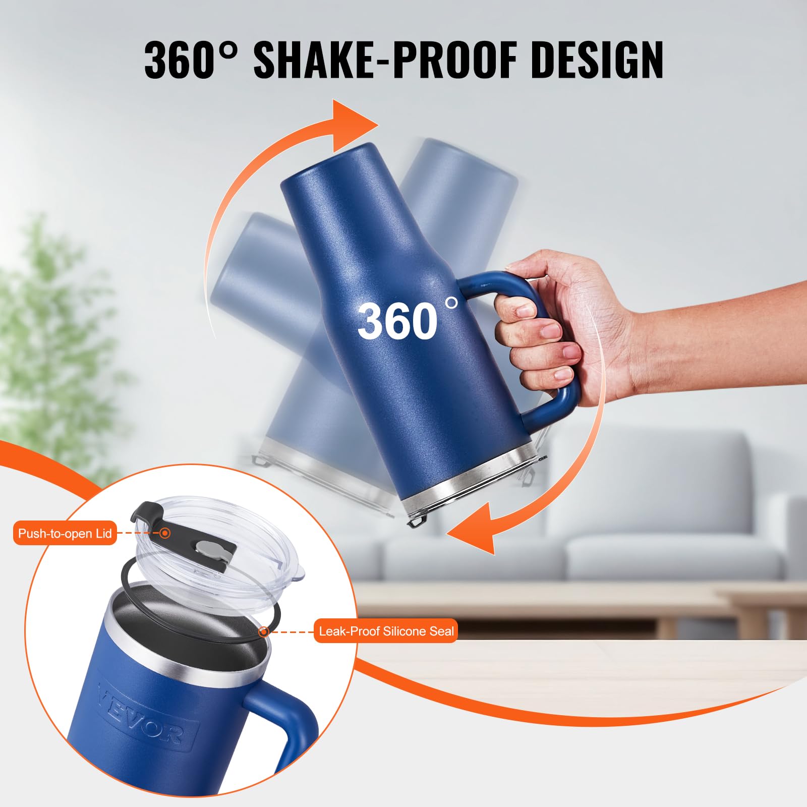 VEVOR 40 oz Insulated Water Bottle, Stainless Steel Sports Coffee Cup with Lid, Handheld Travel Coffee Mug Double Walled, Camping Hydration Flask Leakproof, for Indoor/Outdoor School, Work, Blue