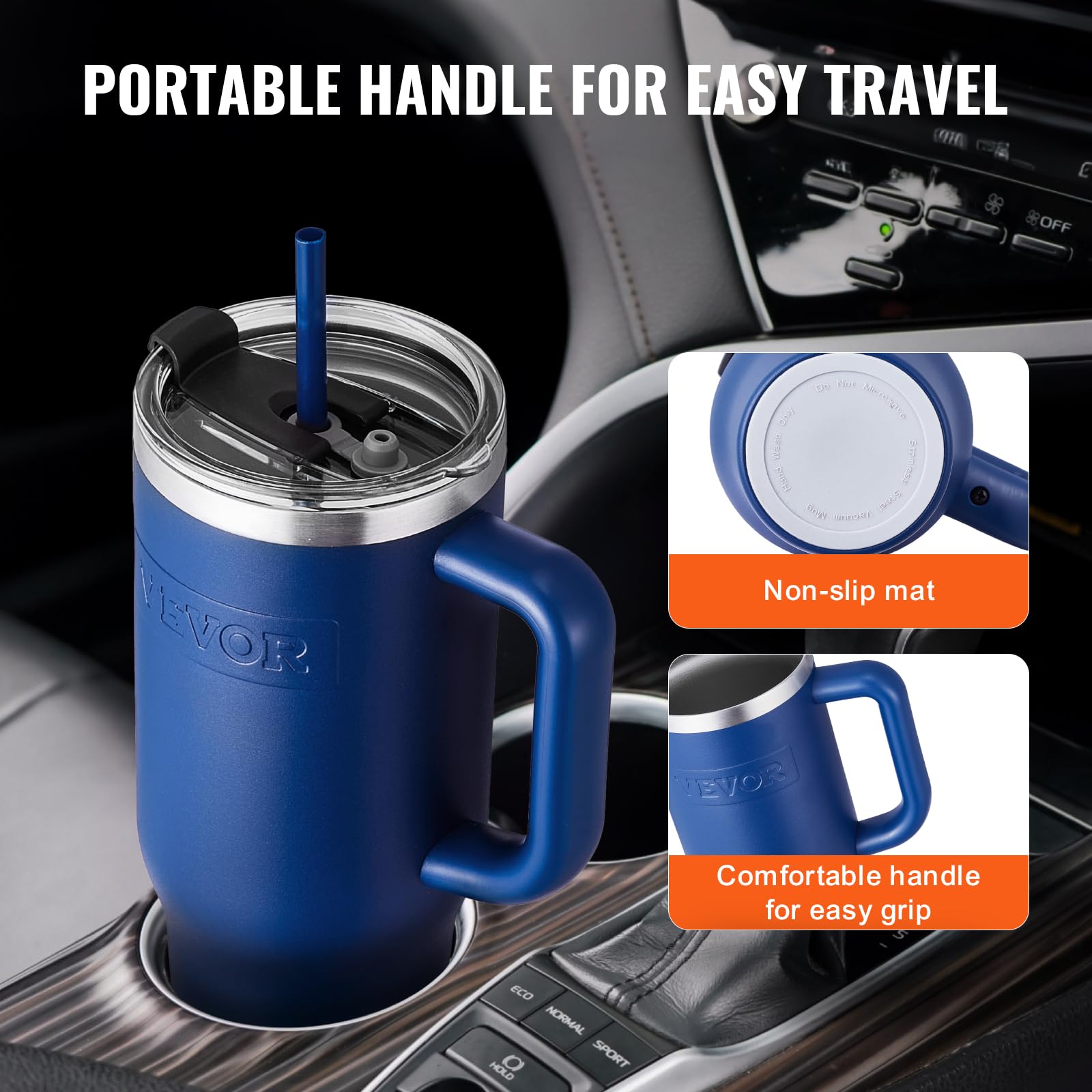 VEVOR 40 oz Insulated Water Bottle, Stainless Steel Sports Coffee Cup with Lid, Handheld Travel Coffee Mug Double Walled, Camping Hydration Flask Leakproof, for Indoor/Outdoor School, Work, Blue