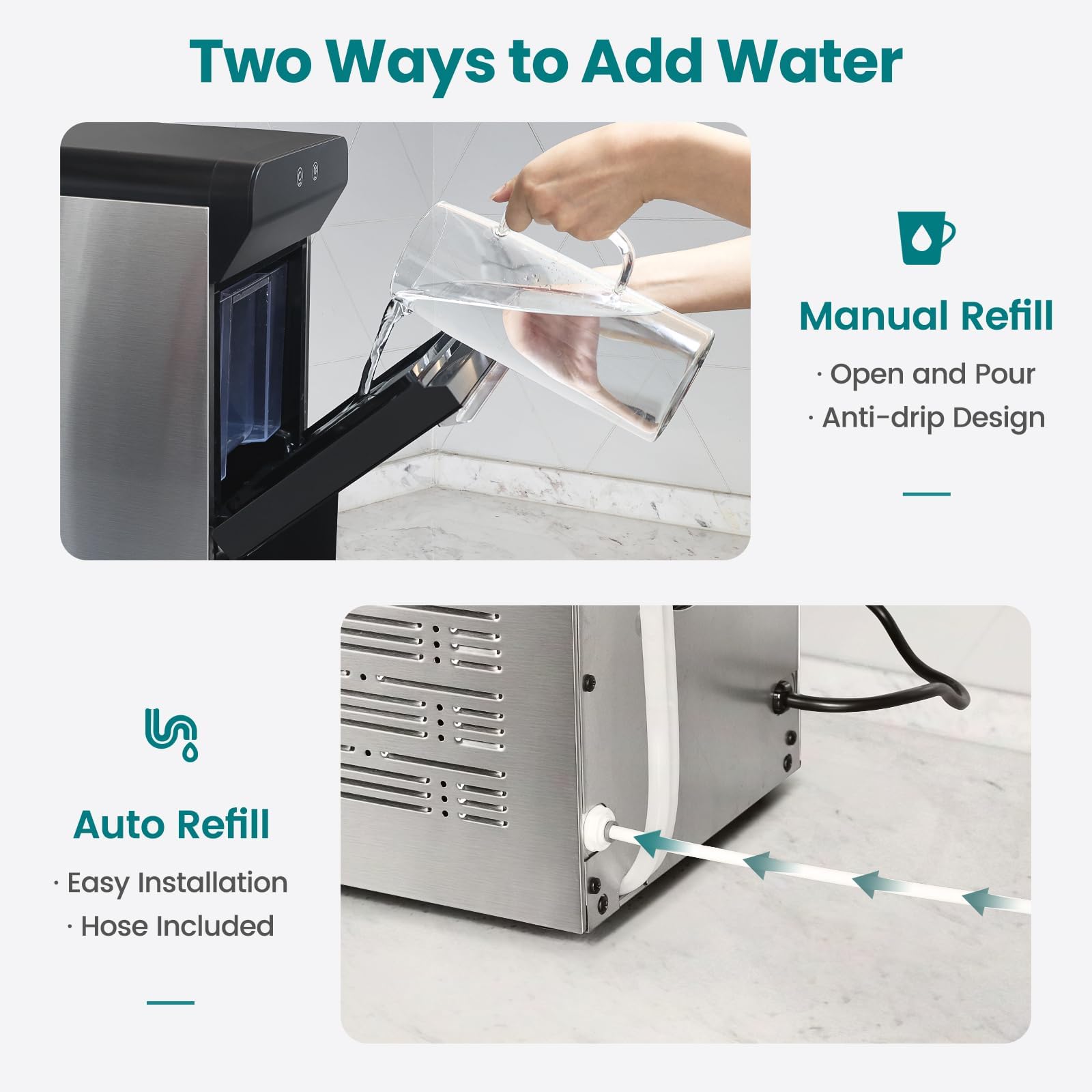 Gevi Household V2.0 Countertop Gemi Nugget Ice Maker | Self-Cleaning Pellet Ice Machine | Open and Pour Water Refill | Stainless Steel Housing | Fit Under Wall Cabinet | Black