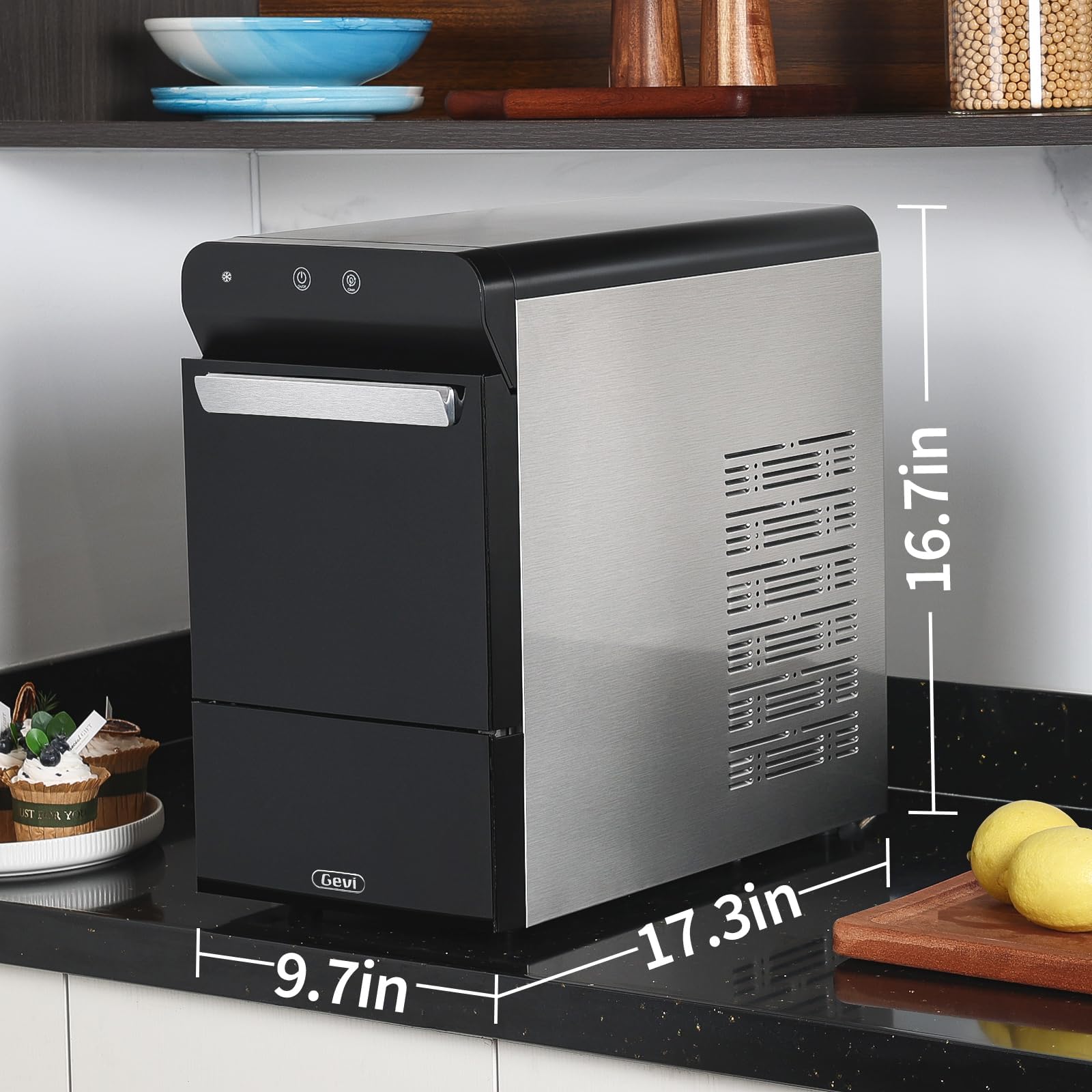 Gevi Household V2.0 Countertop Gemi Nugget Ice Maker | Self-Cleaning Pellet Ice Machine | Open and Pour Water Refill | Stainless Steel Housing | Fit Under Wall Cabinet | Black