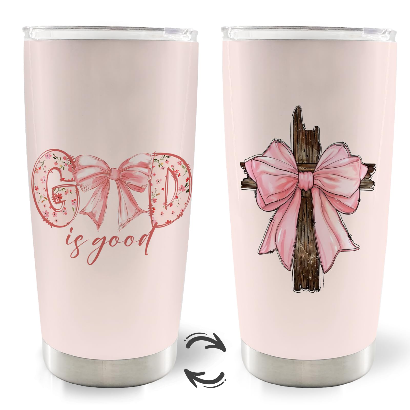 MOTERMATE Christian God is Good Pink Bow Cross 20oz Travel Coffee Mug Tumbler, Christian Easter Tumbler Gifts for Women Kids, Preppy Stuff, Pink Preppy Water Stainless Steel Tumbler with Lid and Straw