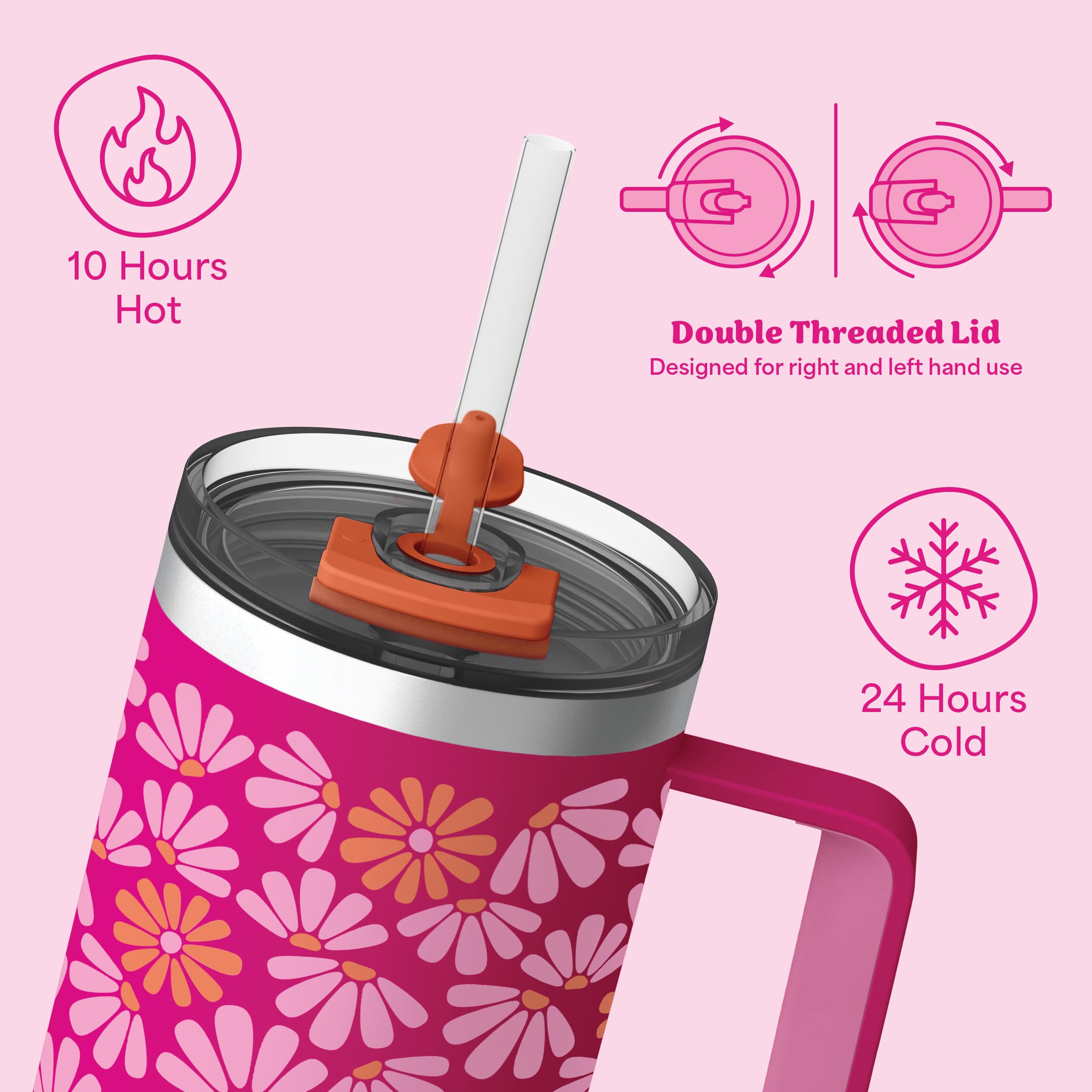 Ottle Deep Sea Diver 40 oz Insulated Tumbler with Handle and Straw Lid - Leak Proof, Cupholder Friendly Travel Mug - Stainless Steel Double Wall Water Bottle for Hot and Cold Drinks - Petal Plethora