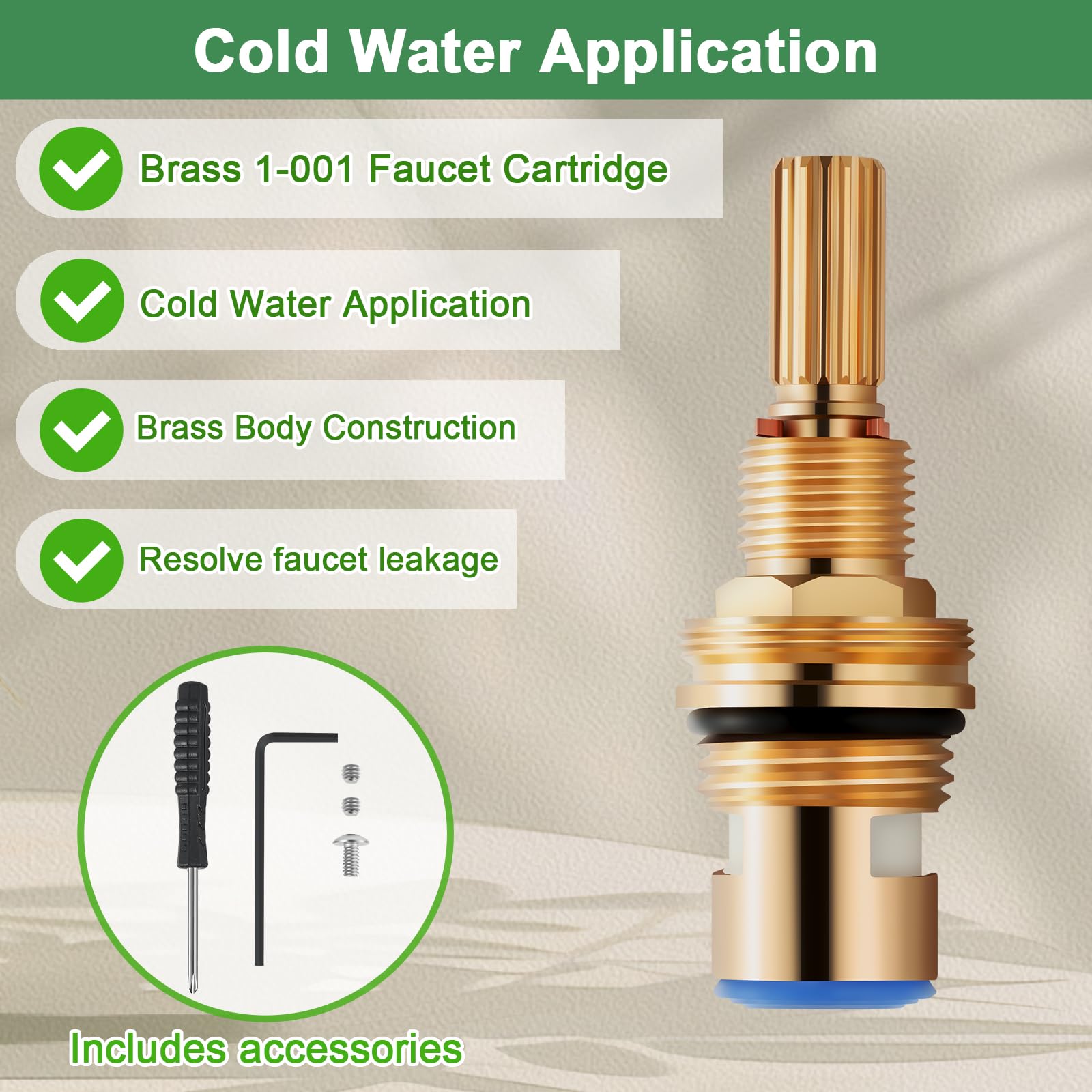 Brass 1-001 Cold Cartridge, Compatible With Brass 1-001 Cartridge, Faucet Cartridge for Bathroom Basin Faucet, Brass Constructio (1-001 Cold Cartridge)