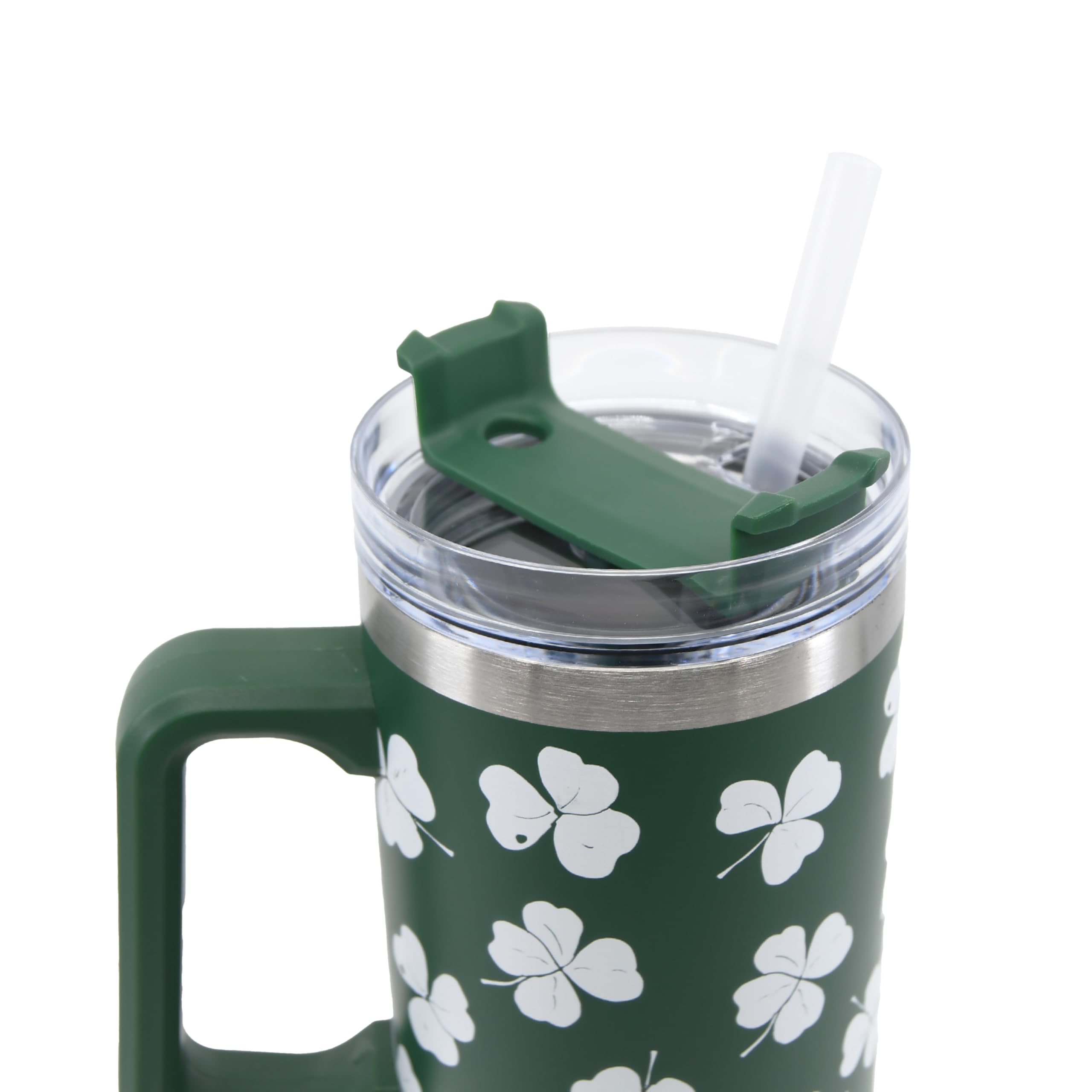 Envie 30 oz St Patrick Day Tumbler Mug with White Shamrocks, Reusable Insulated Mug with Handle, Lid and Straw, Stainless Steel Tumbler for Iced & Hot Beverages