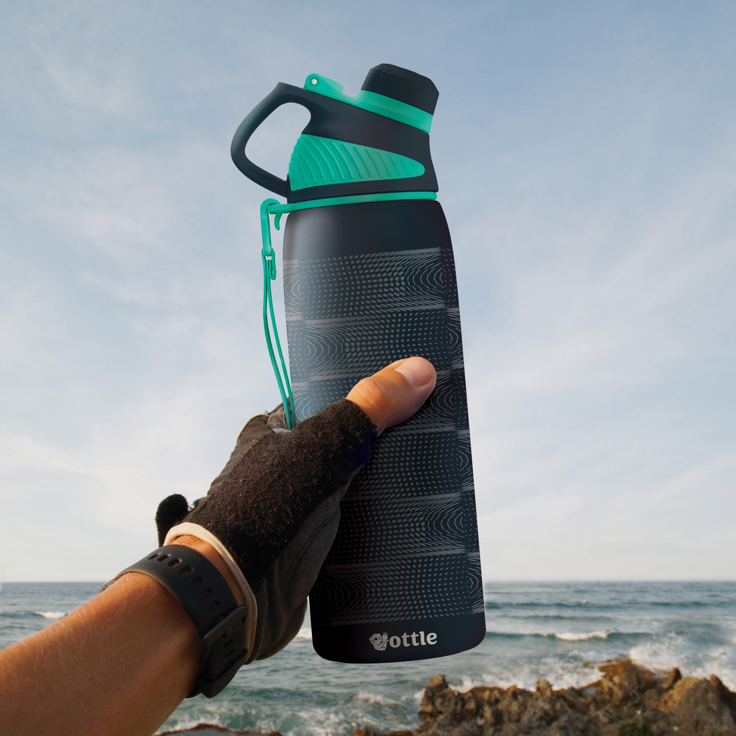 Ottle Reef Roamer Stainless Steel Water Bottle - 34 oz Insulated Flask with Leak Proof Lid, BPA free & Carry Handle - Hot & Cold Gym Water Bottle for Travel, Camping & Sports - Halftone Flow