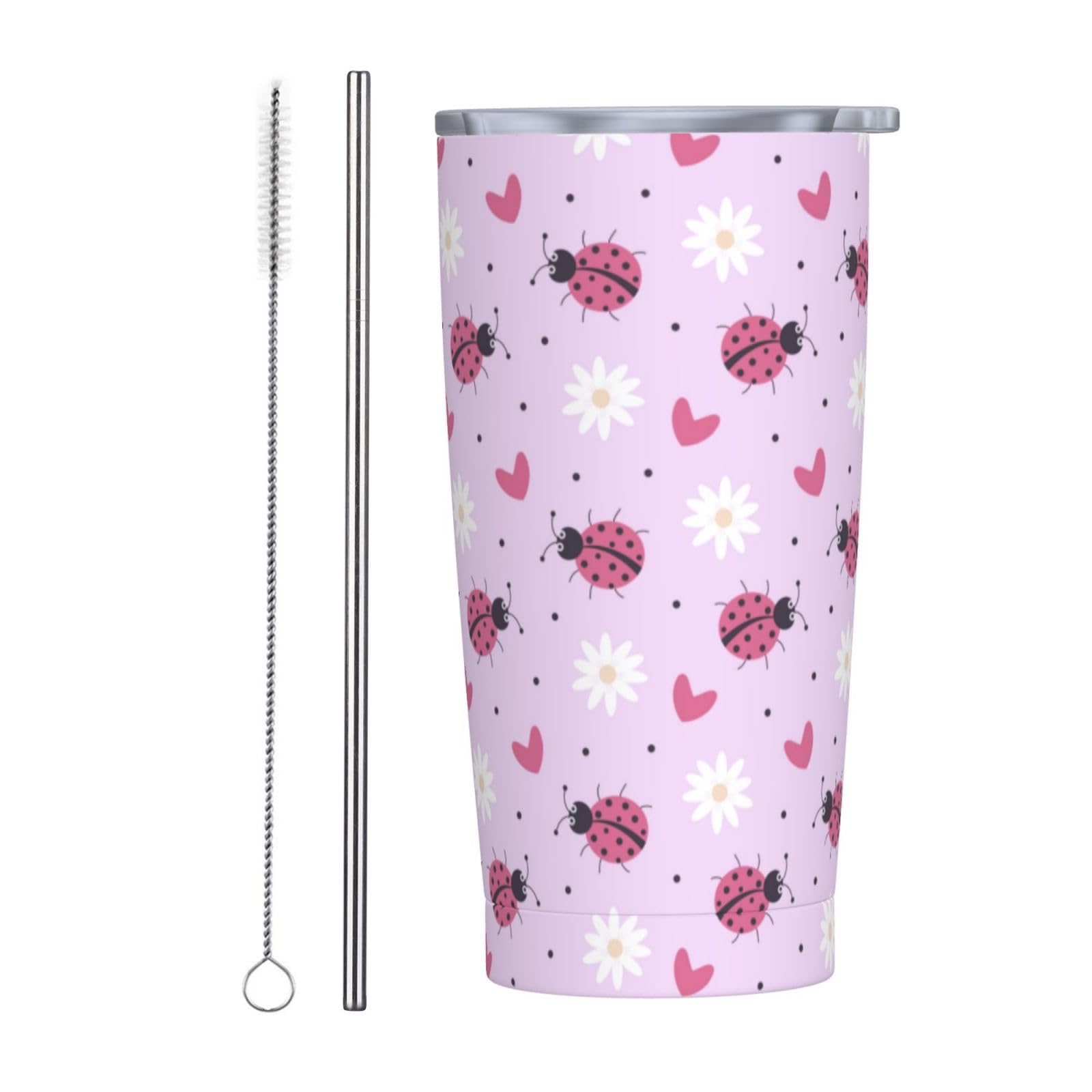 JASROTAO Daisy Ladybug Tumbler,Ladybug 20oz Stainless Steel Insulated Travel Tumbler,Travel Coffee Mug with Lid and Straw Water Bottle Drink Tumbler Cups Gifts for Women Men Lovers