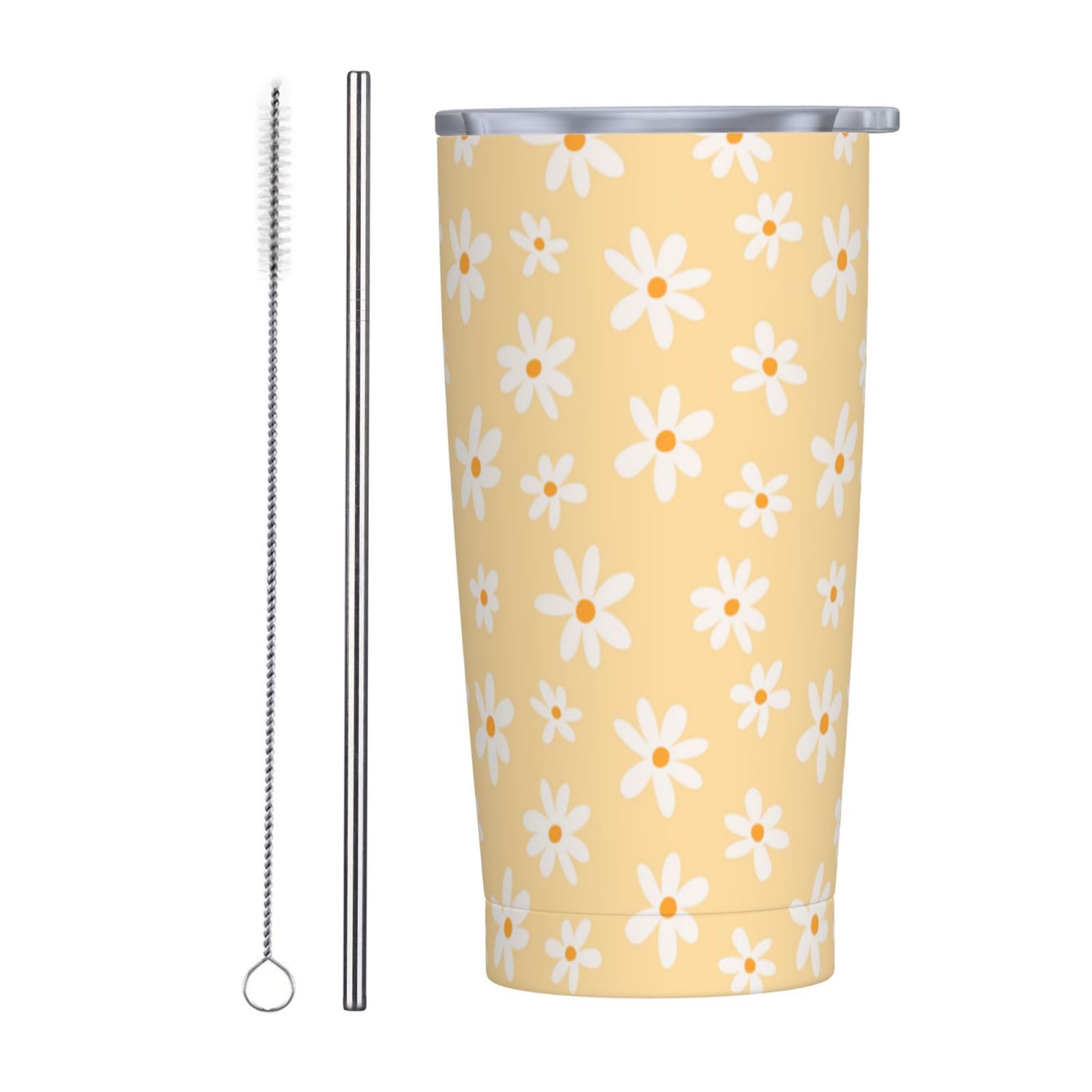 CHASOEA Daisy Tumbler 20oz Floral Stainless Steel Insulated Tumblers with Lid and Straw Yellow Travel Coffee Mug Tea Wine Cups Water Bottle Daisy Gifts for Women
