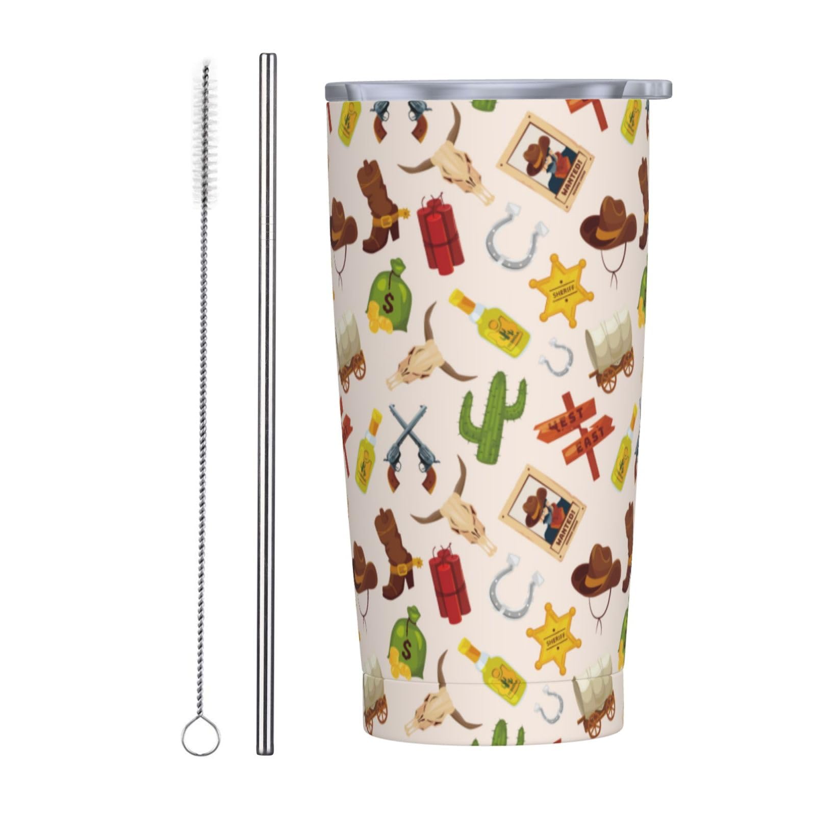 CHASOEA Western Tumbler 20oz Boho Western Stainless Steel Insulated Tumblers with Lid and Straw Beige Travel Coffee Mug Tea Wine Cups Water Bottle Western Gifts for Women
