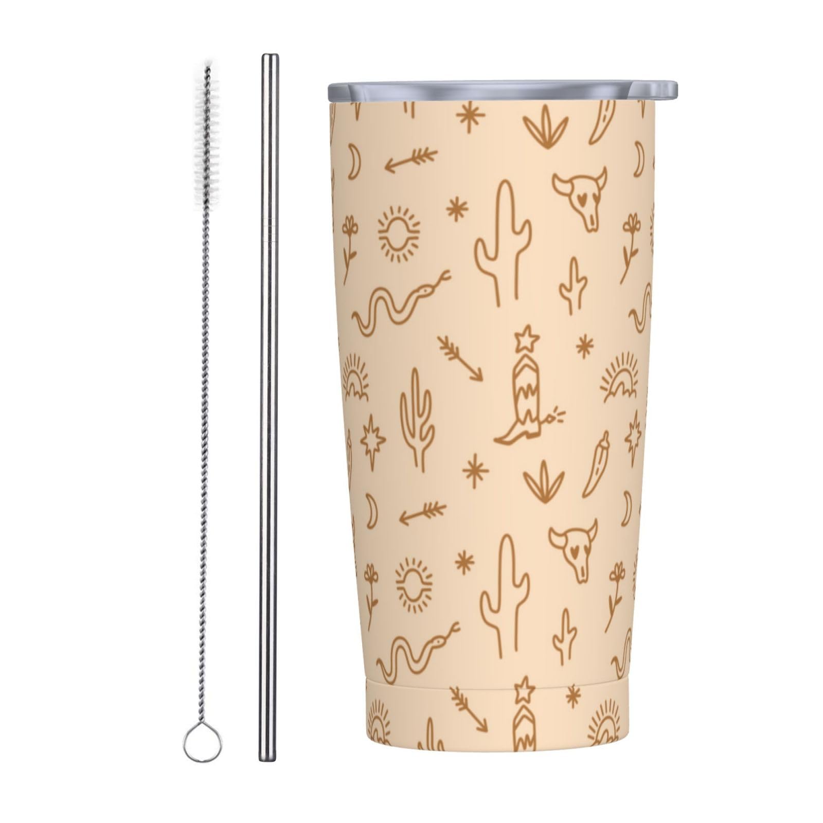 CHASOEA Western Tumbler 20oz Boho Western Stainless Steel Insulated Tumblers with Lid and Straw Beige Travel Coffee Mug Tea Wine Cups Water Bottle Western Gifts for Women