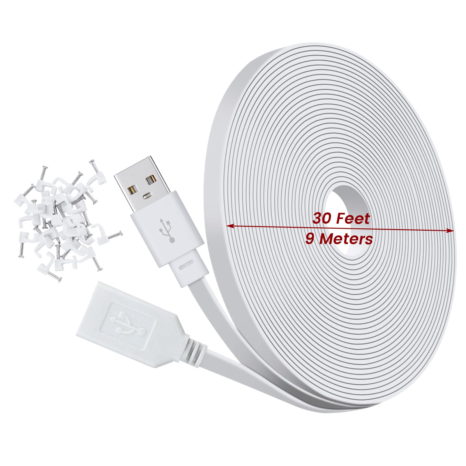 2-Pack 30ft Power Extension Cable Compatible with Wyze Cam v4,Wyze Cam Pan v3,Wyze OG,Wyze Cam v3 and v3 Pro Security Cameras - 9m Long Flat USB Male to Female Charging Cord, White