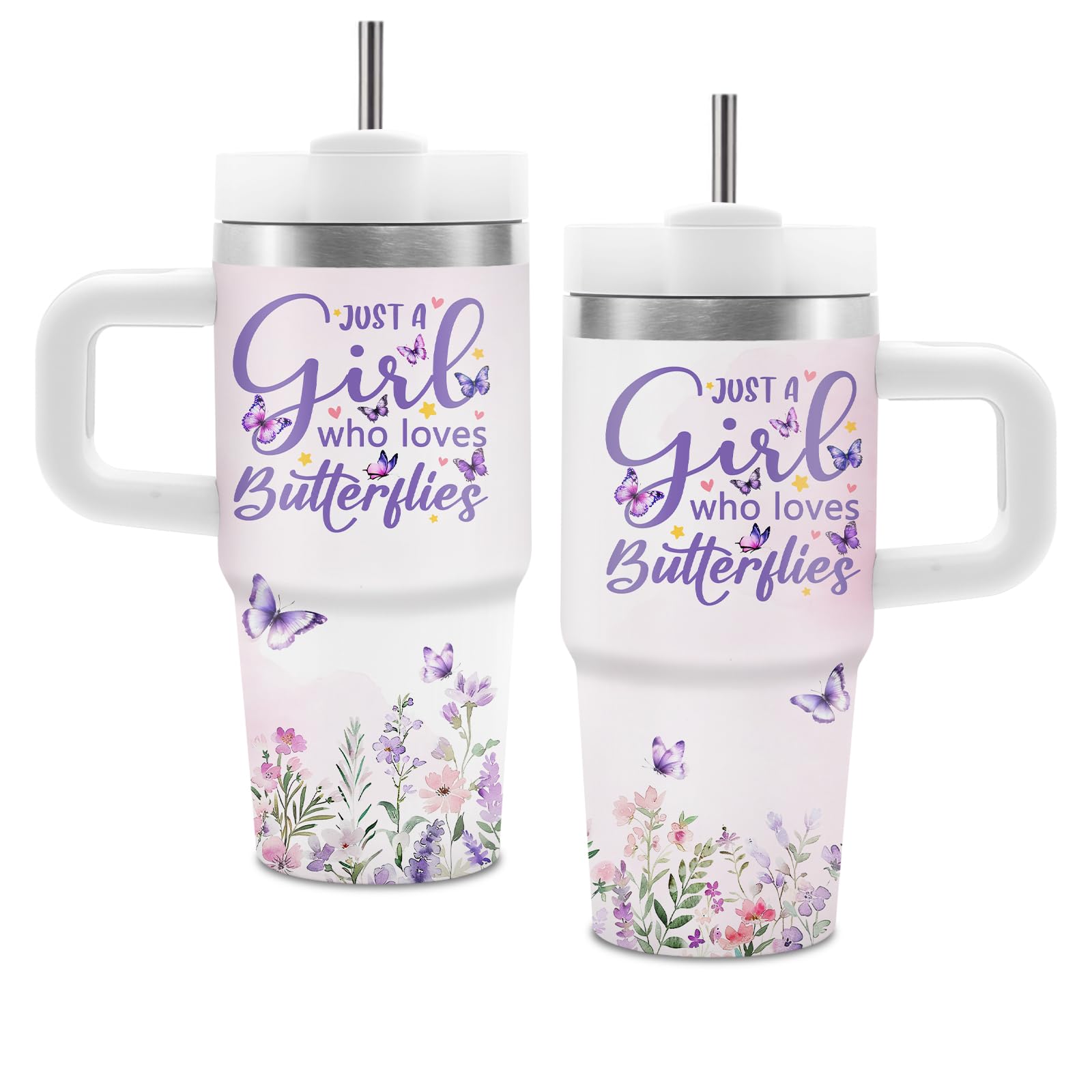 Butterfly Gifts for Women Girls, Purple Butterfly Tumbler with Handle and Straw for Kids 14oz, Stainless Steel Insulated Travel Mugs, Birthday Gifts for Girl, Just A Girls Who Lovers Butterflies