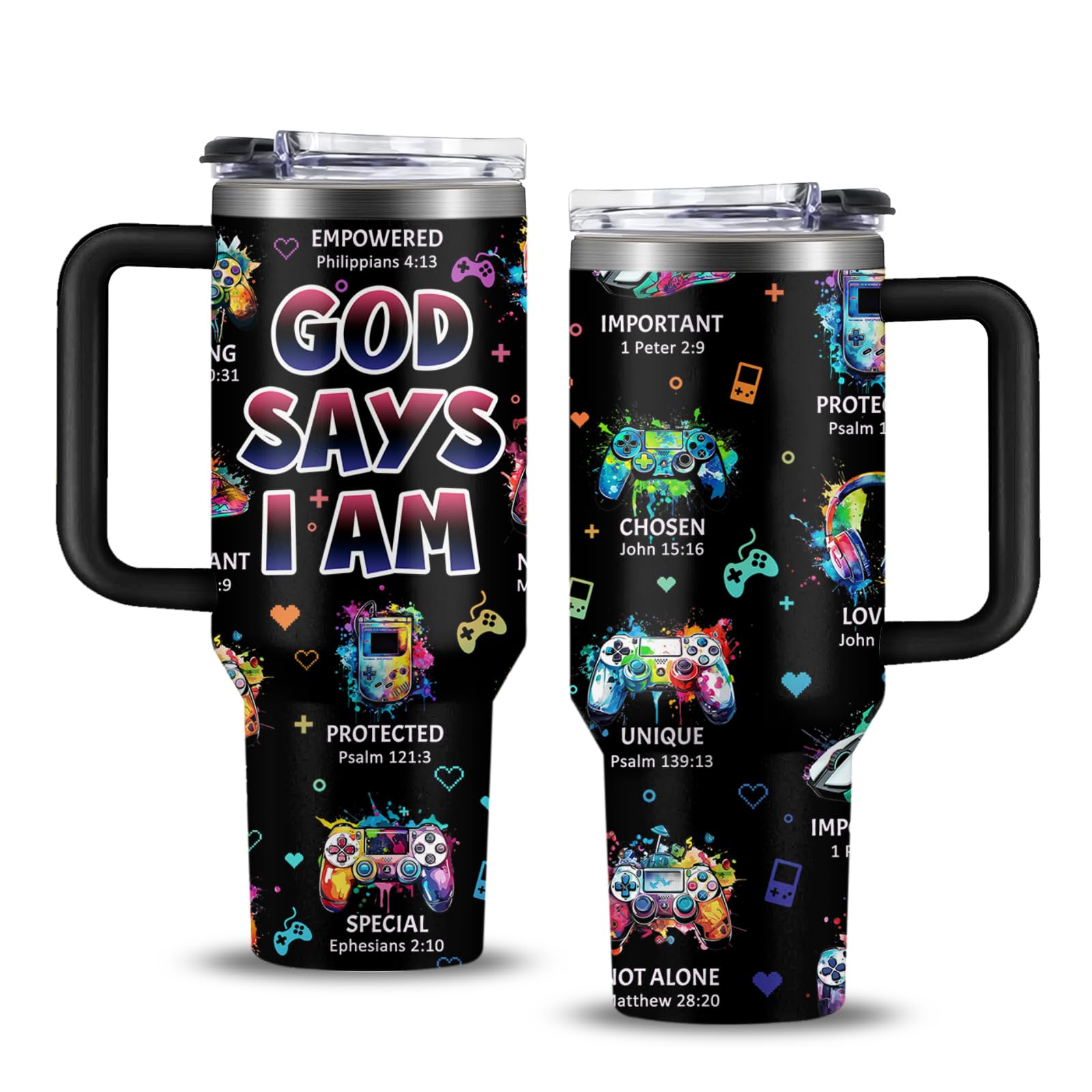 Christian Gamer Gifts, 40 Oz God Says I Am Gamer Tumbler With Handle, Christian Gifts for Men/Boys, Inspirational Religious Birthday Gifts for Game Lover Bible Verse Cup, Gaming Gifts For Gamer