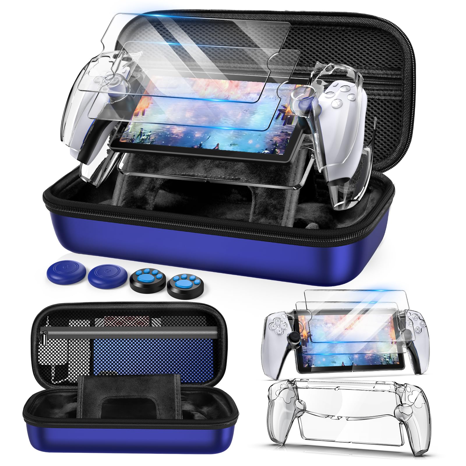 Auarte 12 in 1 Accessories Set for PlayStation Portal Remote Player, Hard Carrying Case for PS Portal with Clear Skin Case for PS5 Portal, 2 Screen Protector with 4 Thumb Grip, Indigo Blue