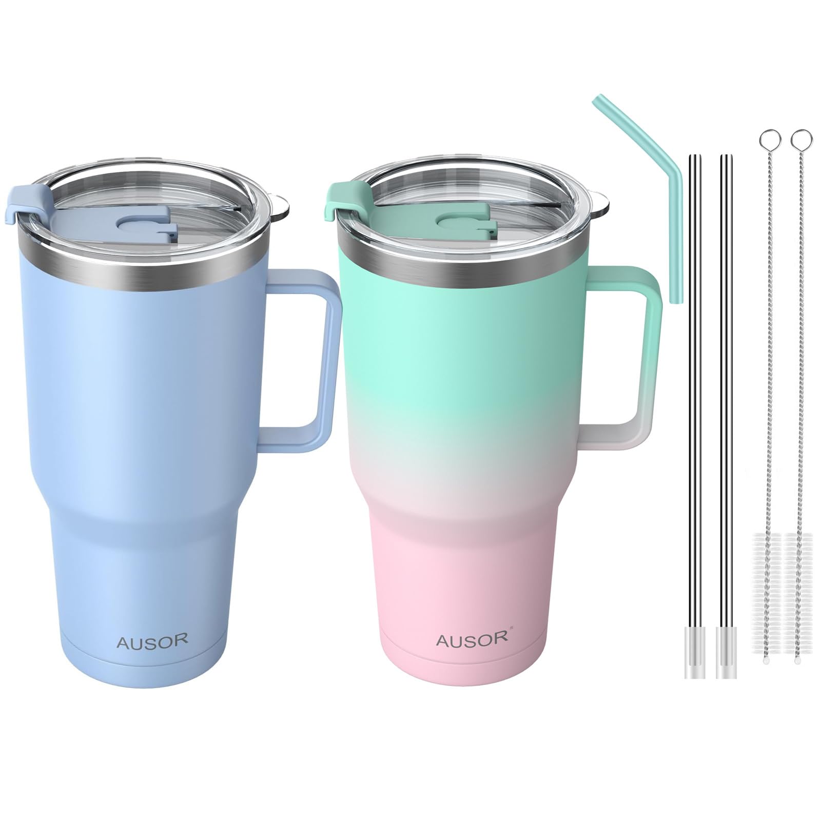 AUSOR 30 oz Tumbler with Lid and Straw,Water Bottle,Insulated Tumbler for Hot & Cold, Blue & Blue to Pink