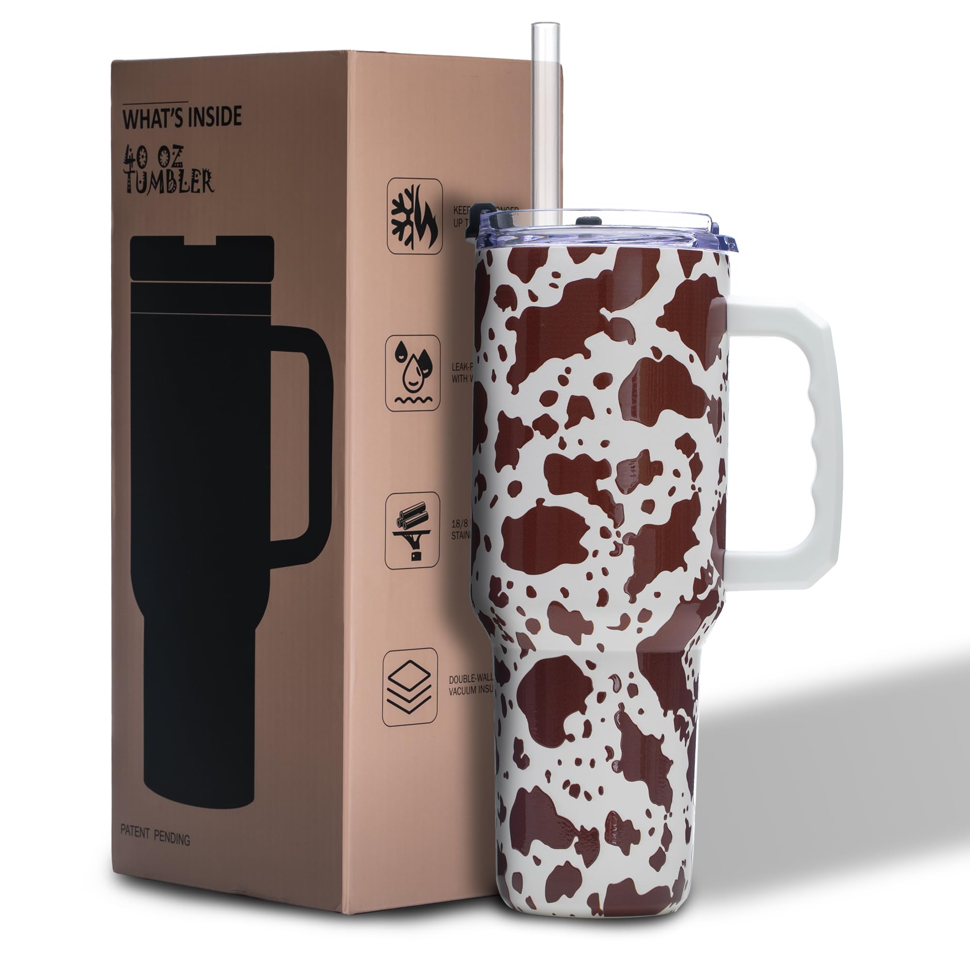 Gome 40 oz Camouflage Cow Print Tumbler with Handle - Insulated Stainless Steel Cow Cup with Lid and Straw - Keeps Drinks Cold and Hot, Birthday Gifts for Women - Hand Wash Only