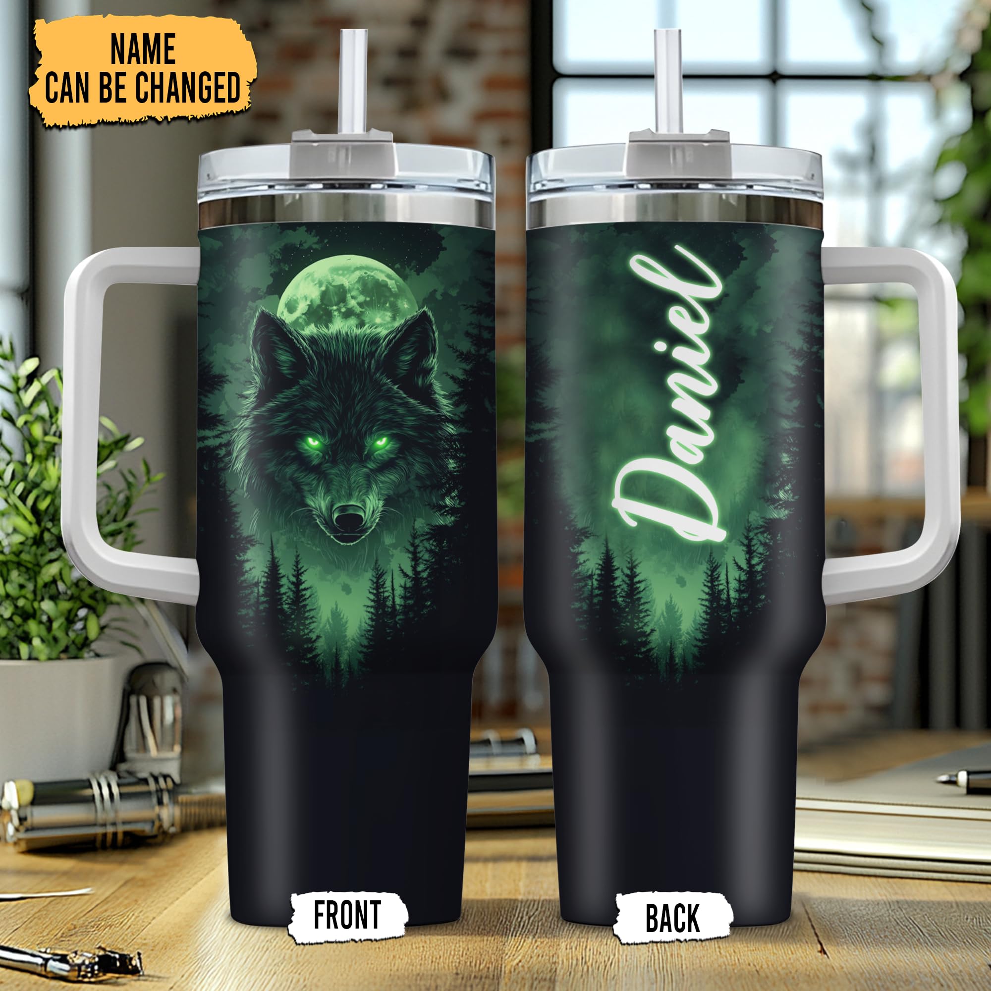 FOXCORNER Personalized Green Wolf Tumbler 40oz with Handle & Straw for Wolf Lovers, Wolfs Present for Men Women on Birthday Christmas, Custom Name Stainless Steel Travel Coffee Cup, Animal Lover Gifts